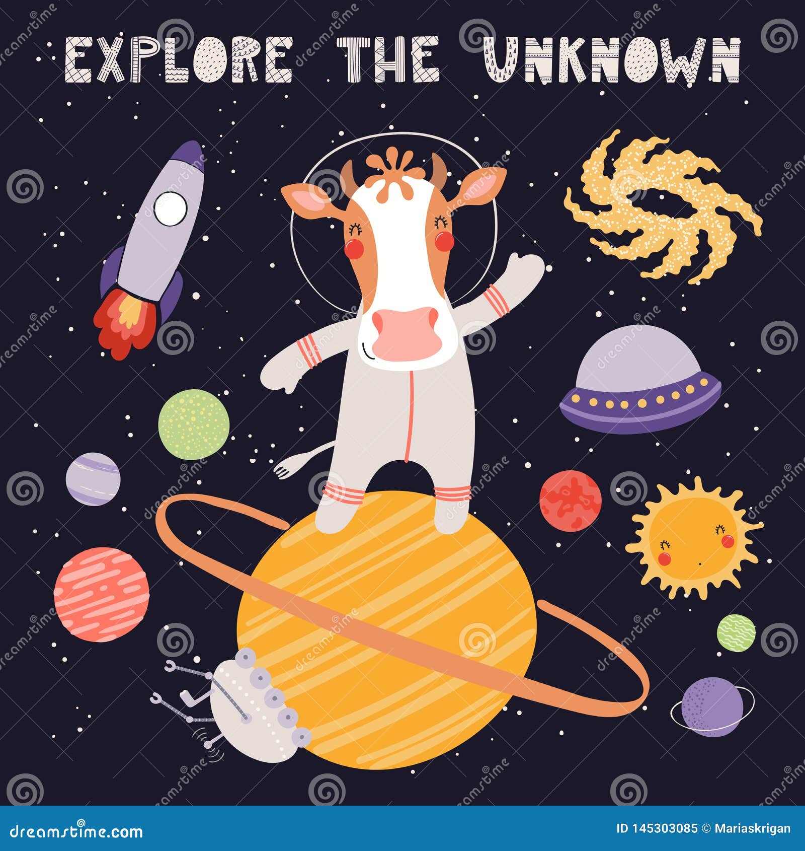 Cute cow astronaut stock vector. Illustration of galaxy - 145303085