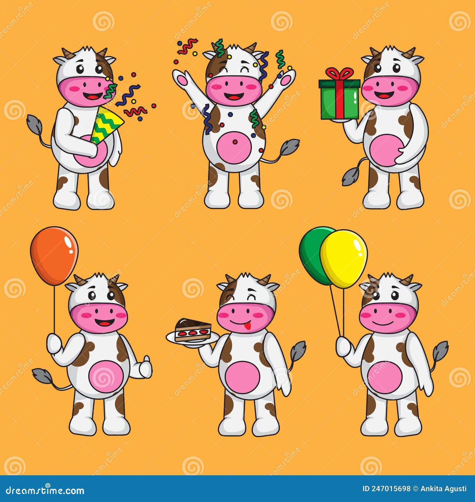 Cute Cow Cartoon Celebrating Birthday in Different Expression Stock ...