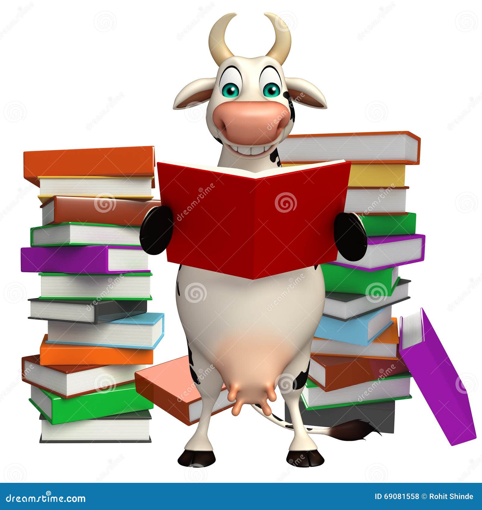 Cute Cow Cartoon Character with Book Stack Stock Illustration ...