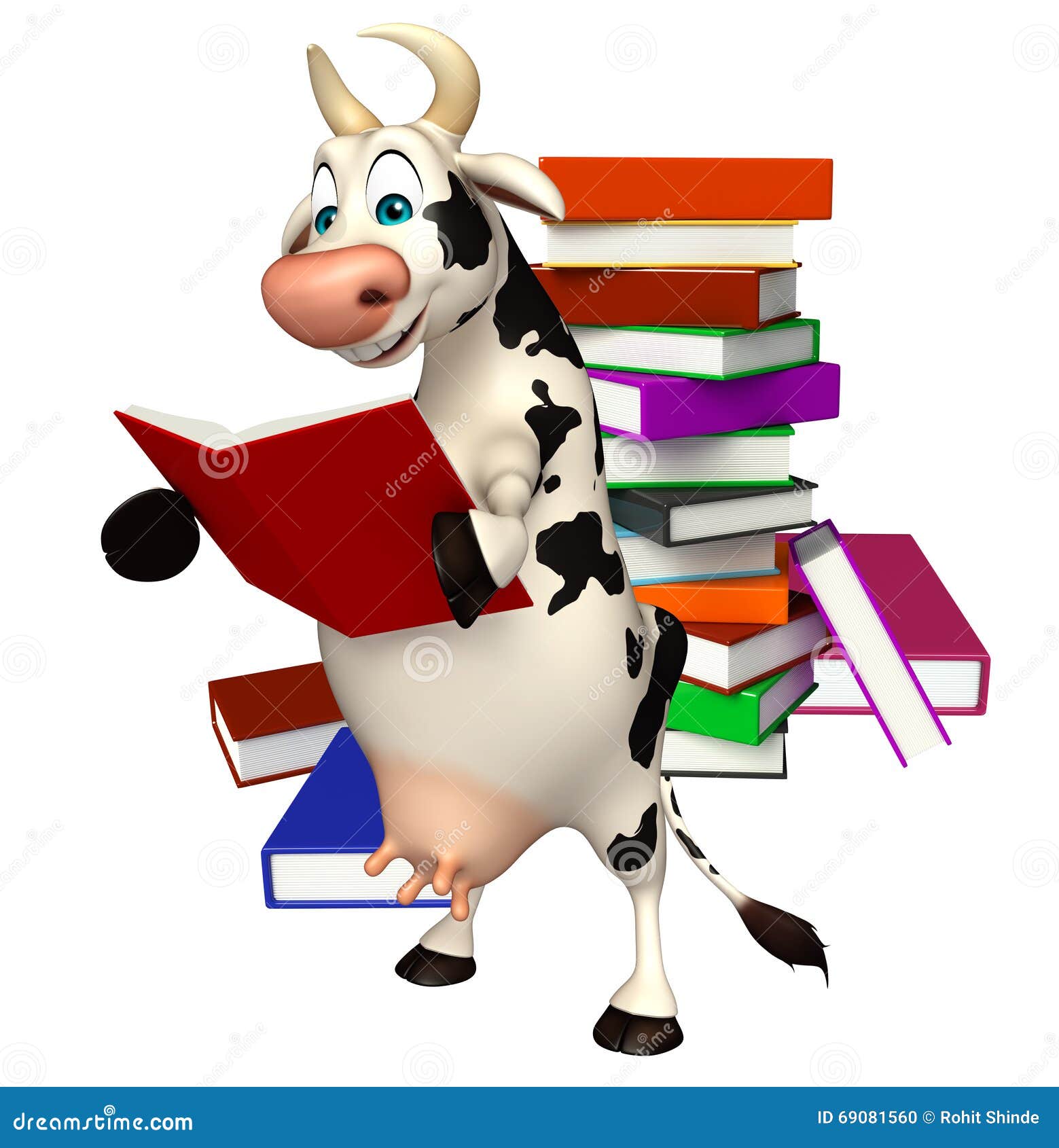 Cute Cow Cartoon Character with Book Stack Stock Illustration ...