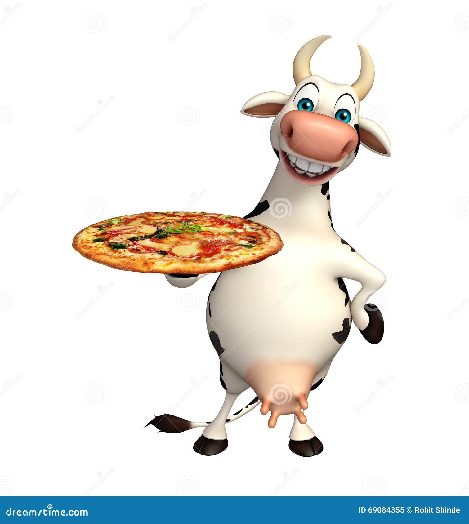Cute Cow Cartoon Character with Pizza Stock Illustration - Illustration ...