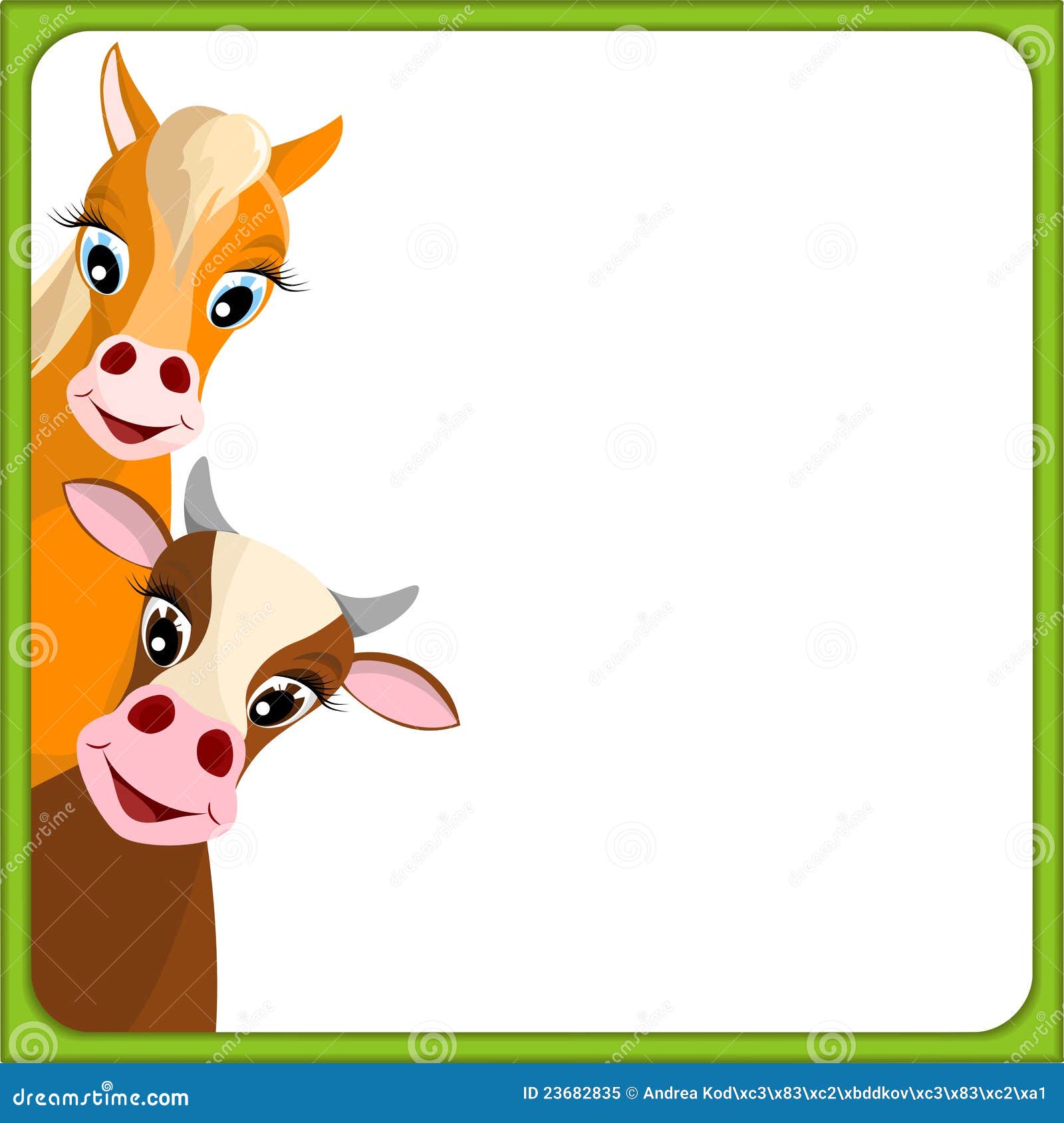 Cute Cow and Horse in Green Frame Stock Vector - Illustration of farm ...