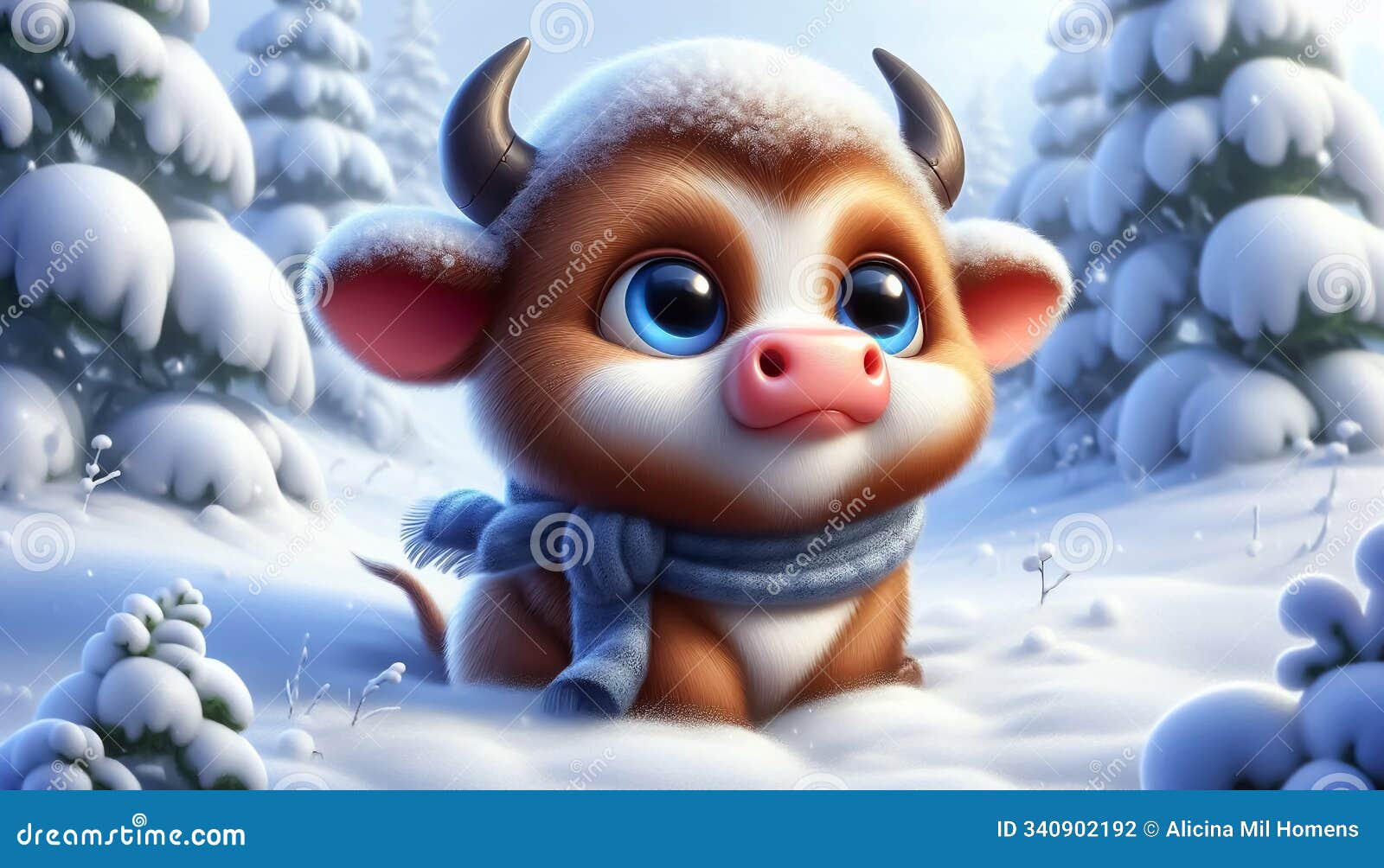 Cute Cow Illustration in Snowy Landscape Stock Illustration ...