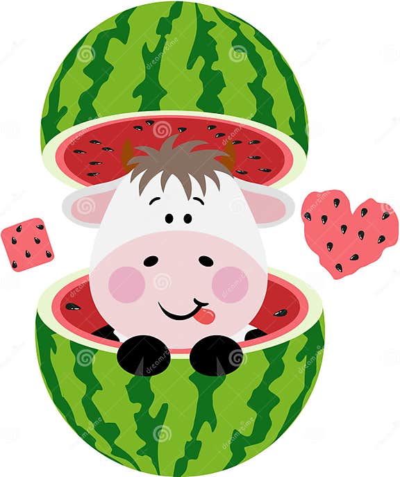 Cute Cow Inside Fresh Watermelon Stock Illustration - Illustration of ...