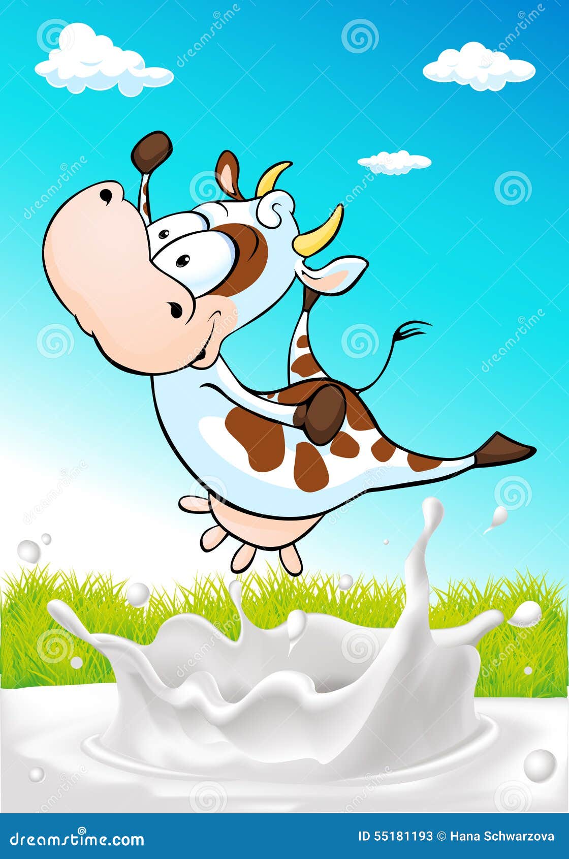 Cute Cow Jumping Over Milk Splash With Natural Background Cartoon ...