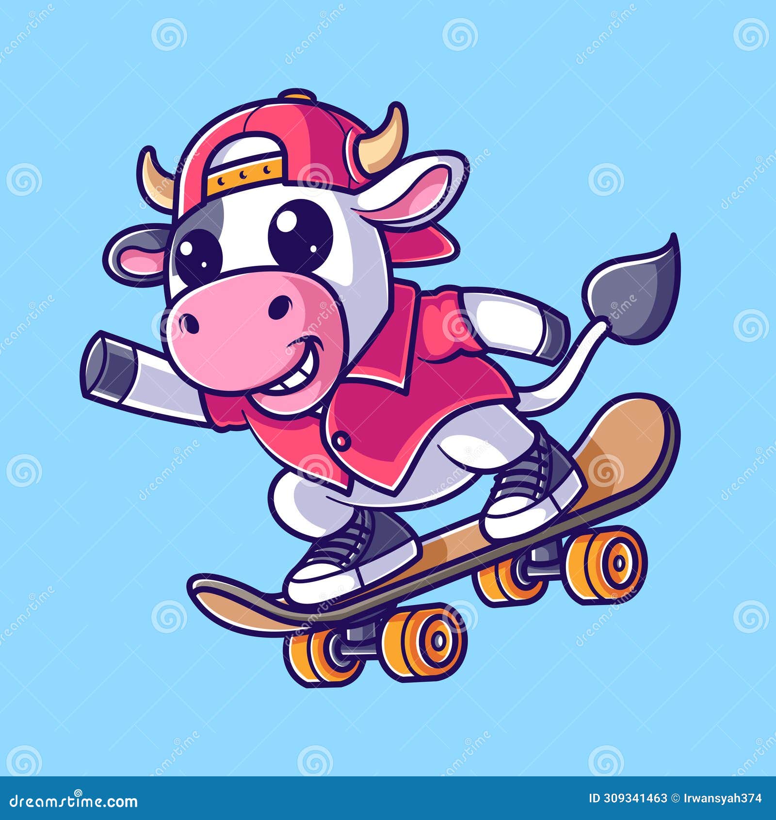 Cute Cow Playing Skateboard and Wearing a Red Hat Stock Vector ...
