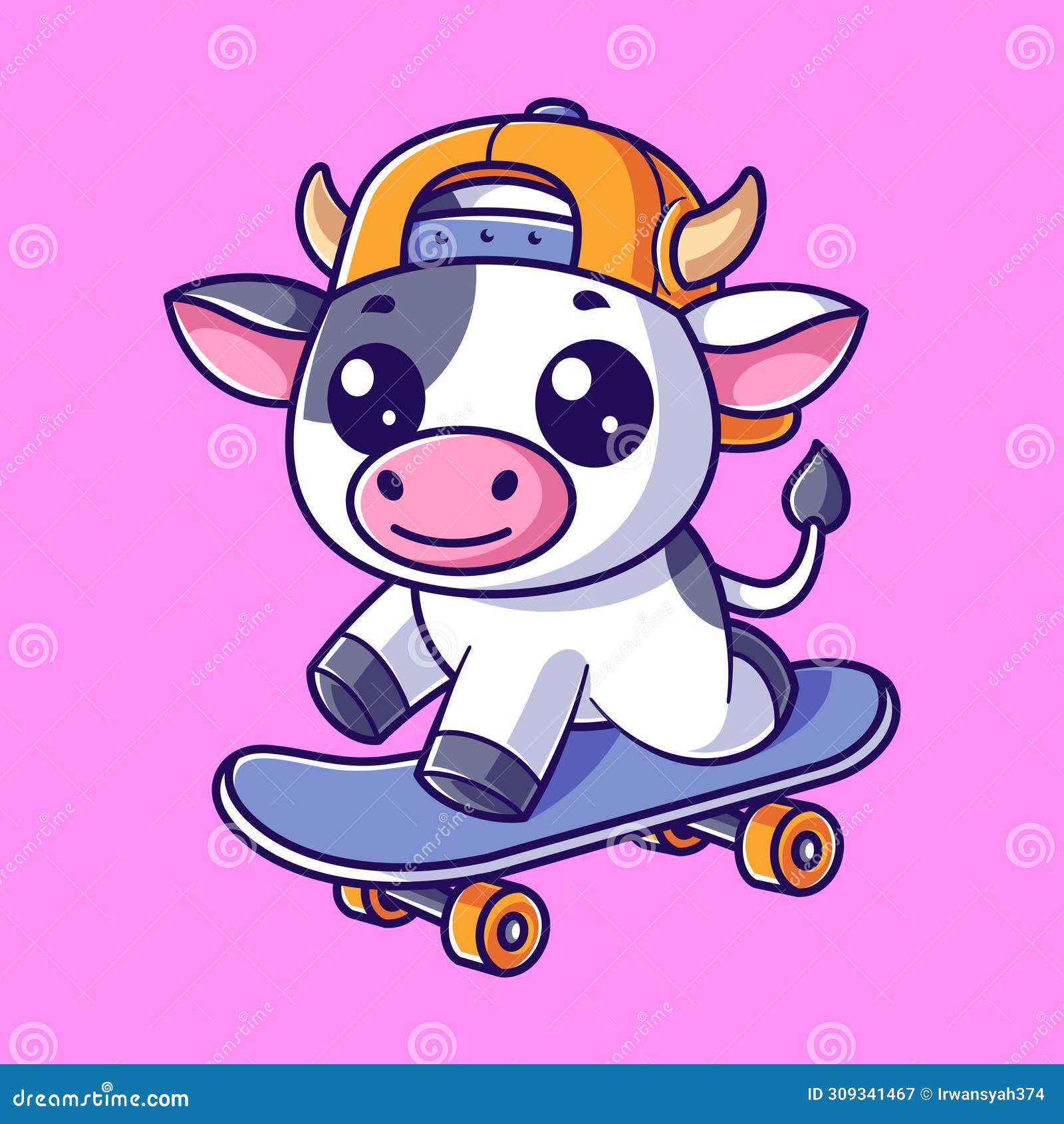 Cute Cow Playing Skateboard and Wearing a Yellow Hat Stock Vector ...