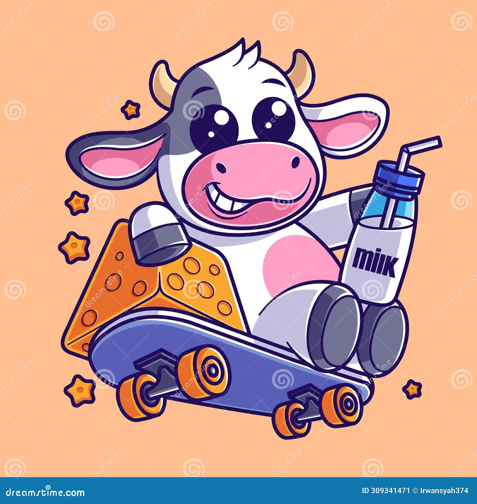 Cute Cow Skateboarding and Carrying Milk and Cheese Stock Illustration ...