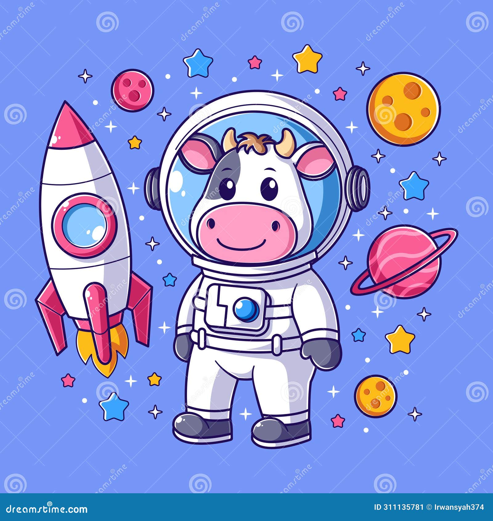 Cute Cow Wearing an Astronaut Suit with Rocket Stock Vector ...