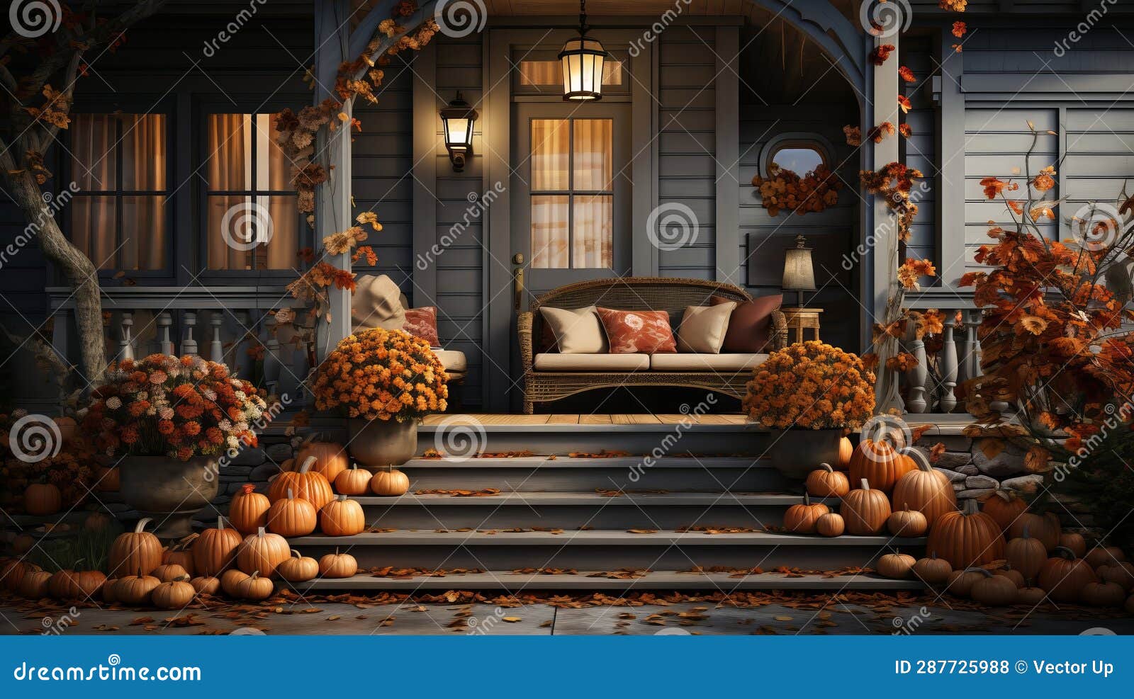 Cute and Cozy Cottage with Fall Decorations Pumpkins. Generative AI ...