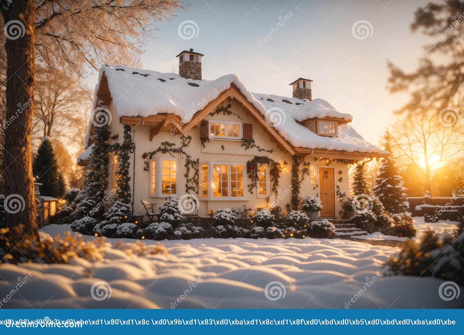 Cute and Cozy Cottage with Winter Evening. Ai Generative Stock Photo ...