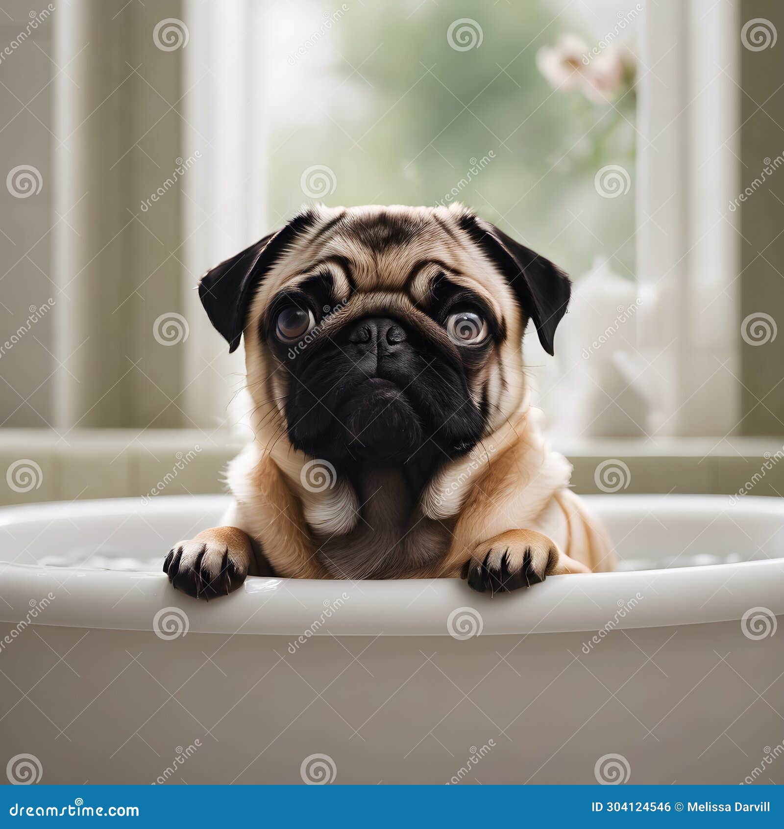 Cute cream pug in the tub stock photo. Image of monochrome - 304124546