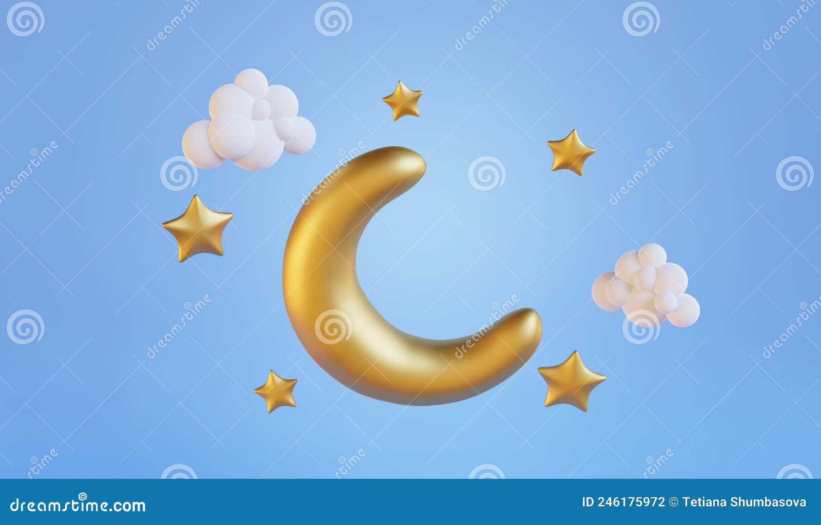 Cute Crescent Moon and Stars on Blue Background. 3D Render Stock ...