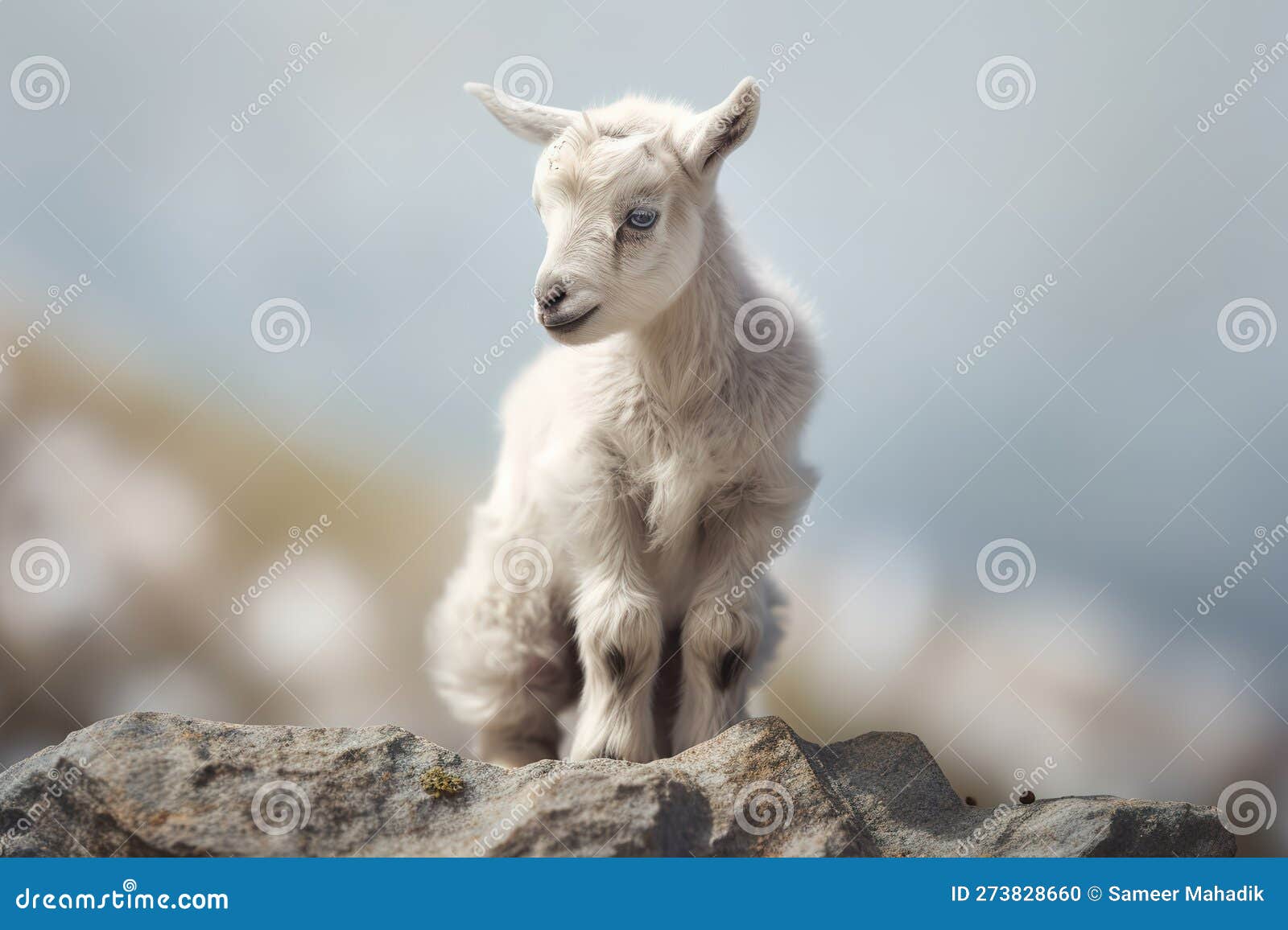 A Cute and Cuddly Baby Goat Playing on a Rock Generative AI Stock ...