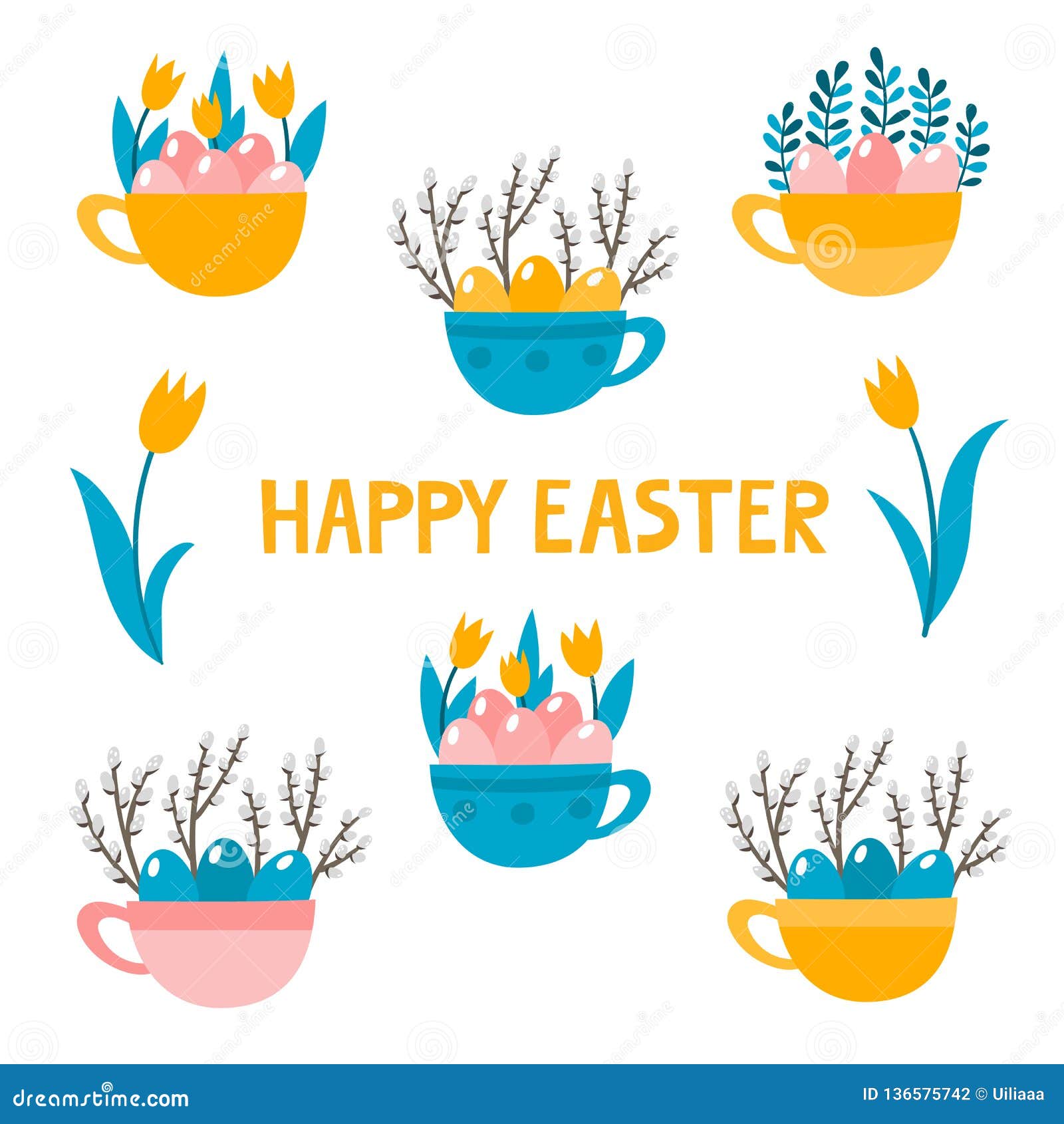 Cute Cup with Eggs and Elements for Easter Isolated on White. Stock ...