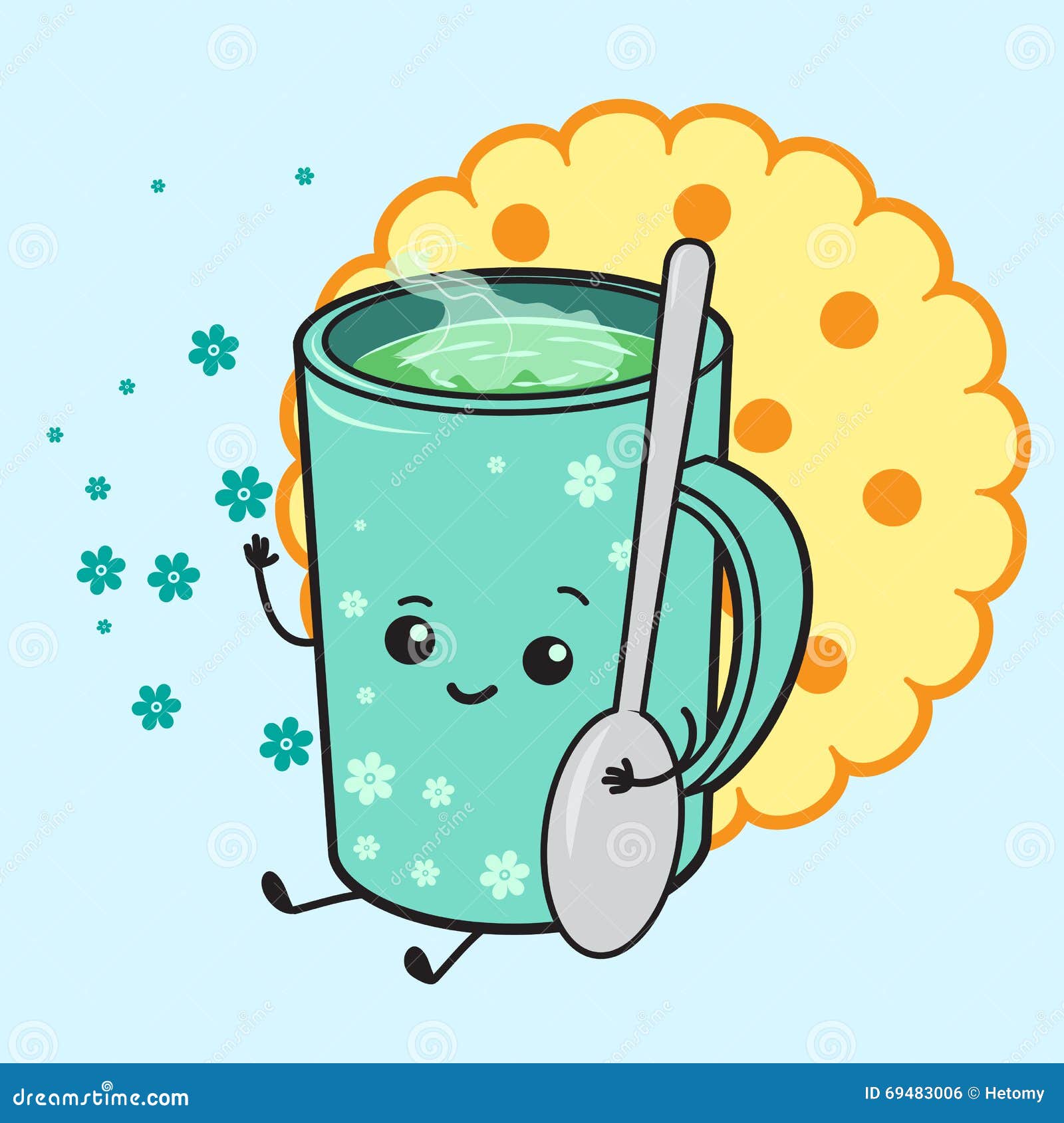 Cute Cup of Tea and Cookie. Stock Vector - Illustration of flowers ...
