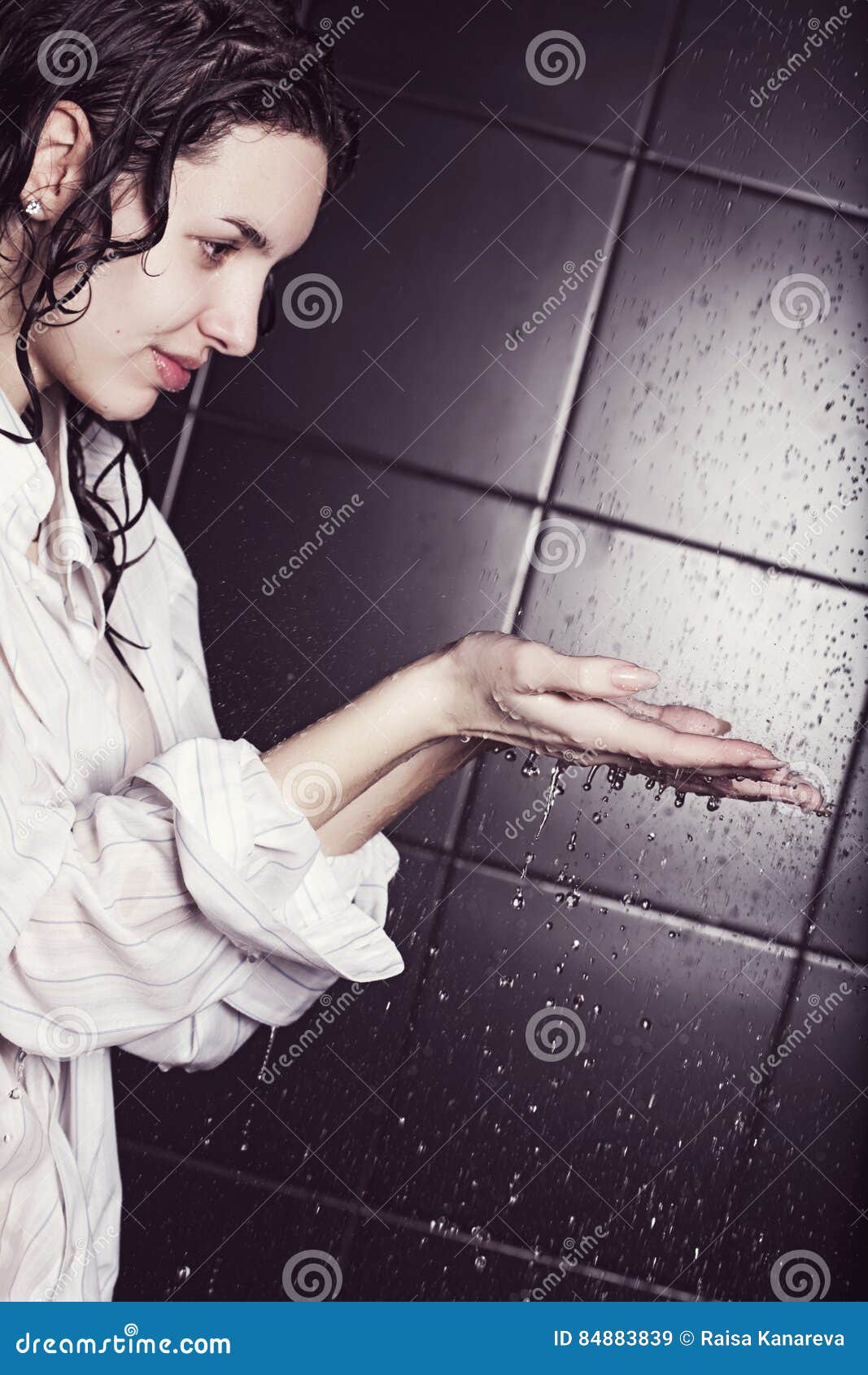 Cute Curly Girl Taking a Shower Stock Image - Image of face, drop: 84883839