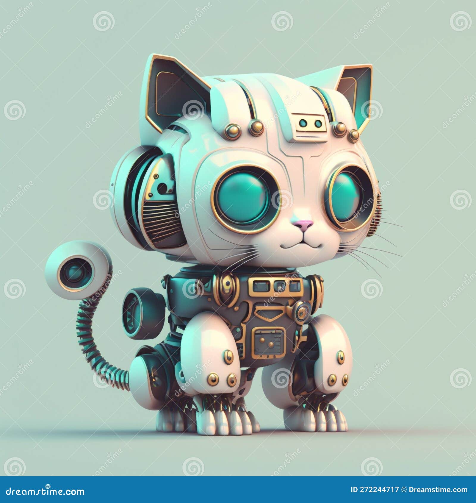 Cute Cyber Cat Robot 3d Render, White, Grey and Metall, with Blue Eyes ...