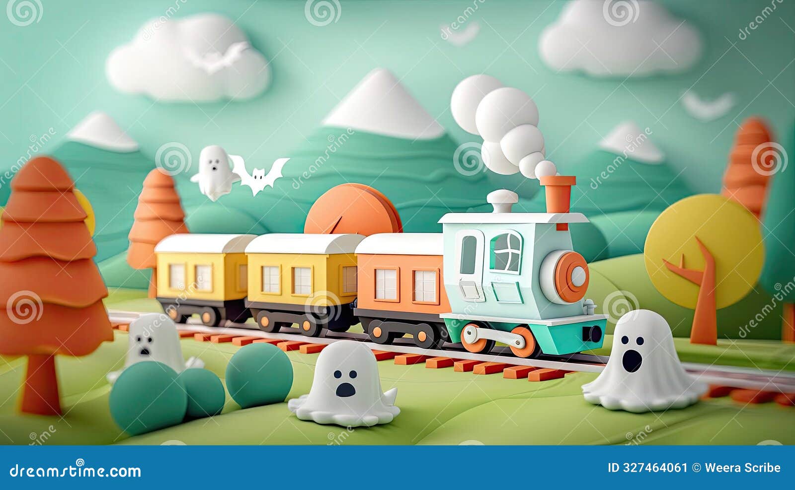 A Cute 3D Cartoon Haunted Train with Ghost Passengers, Halloween Stock ...
