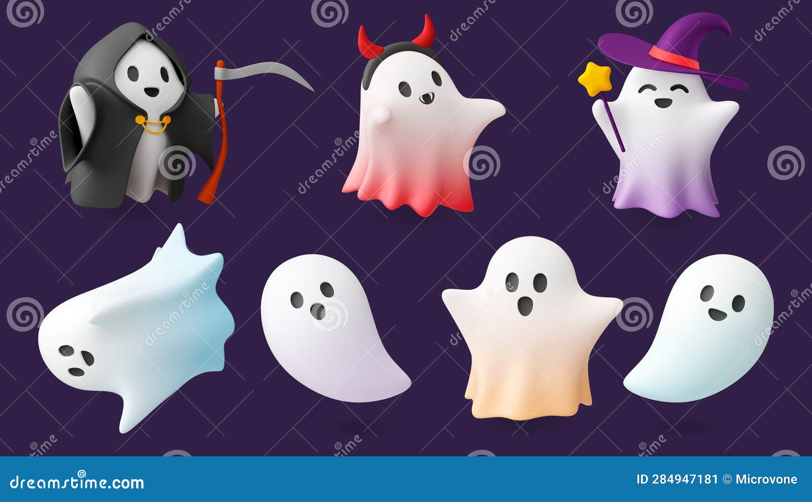 Cute 3d Ghosts, Render Ghost Halloween Elements. Holiday Cute Horror ...
