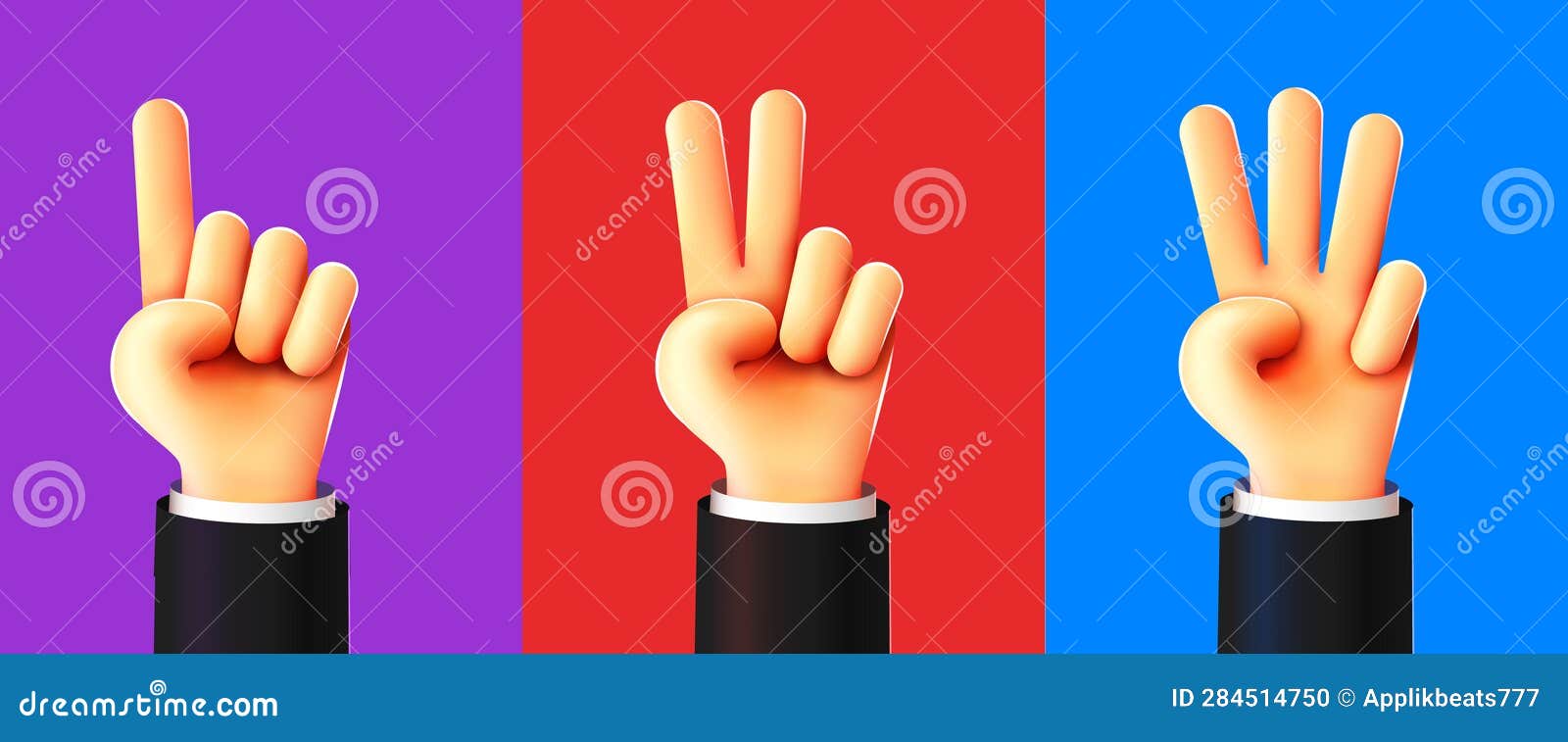 Cute 3D Hands Counting One Two Three. Three Steps or Options Concept ...