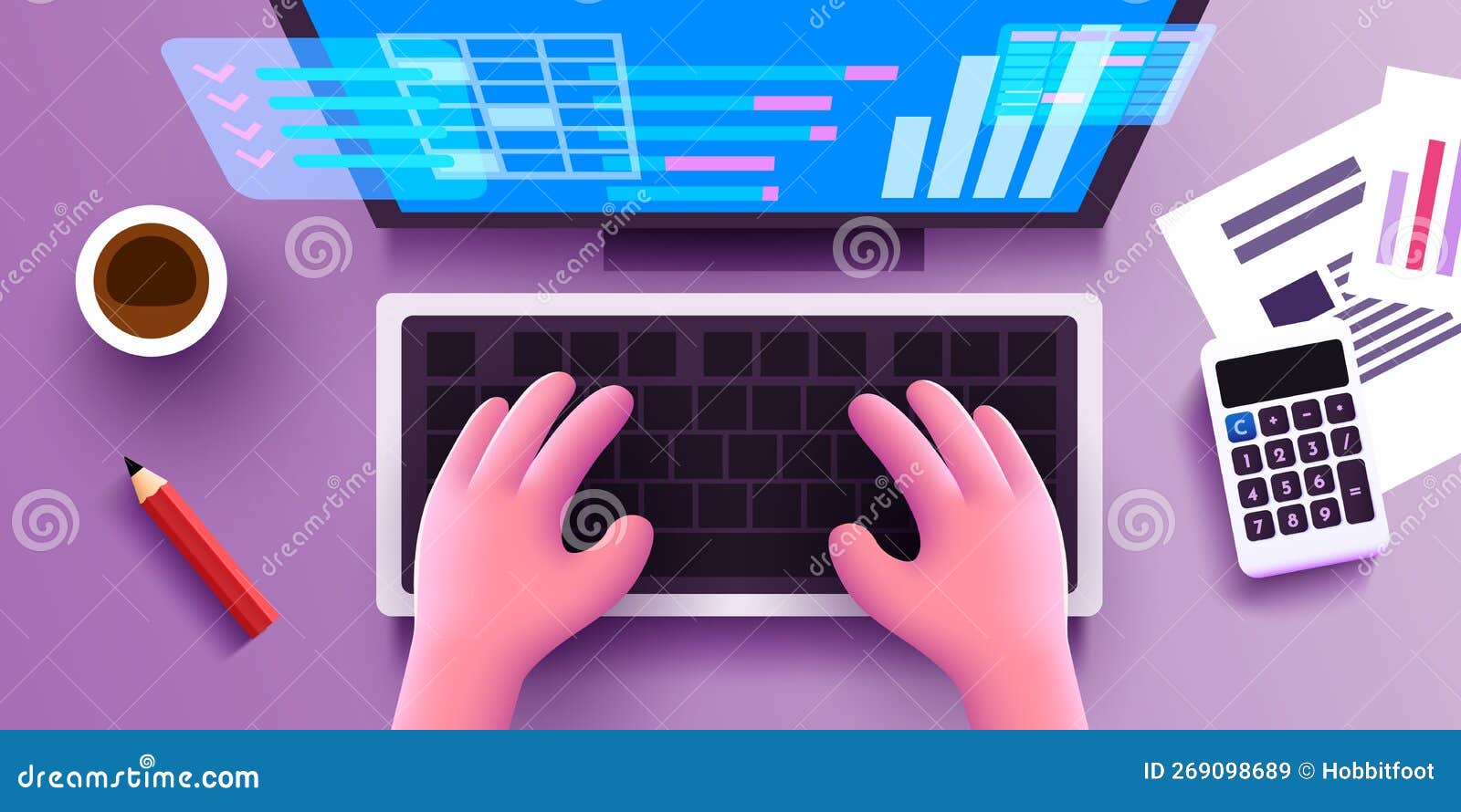 Cute 3d Human Hands Work on a Computer Keyboard. Financial Business ...