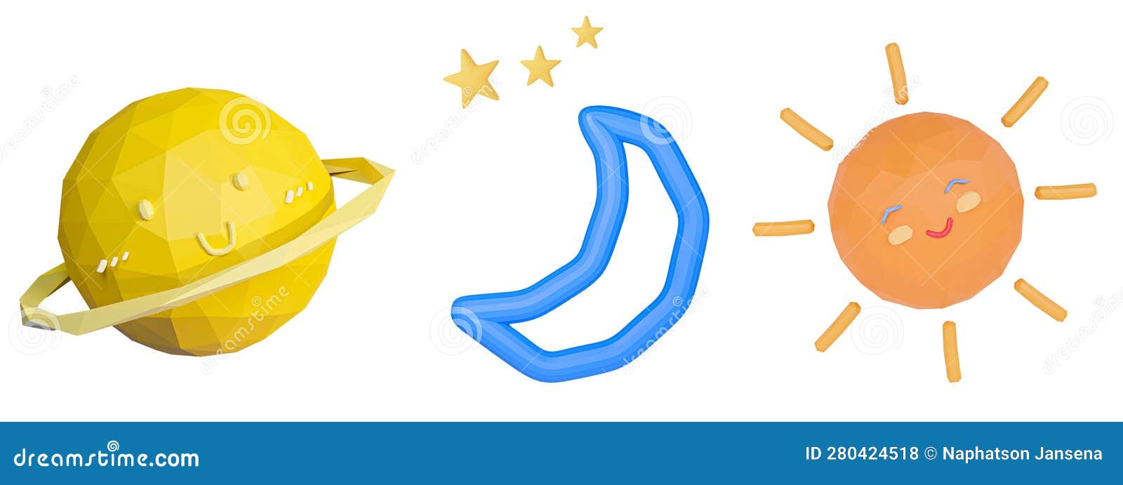 3d Illustration of 3 Elements about Planet, Moon, Star and Sun in 3d Icon Style Stock ...