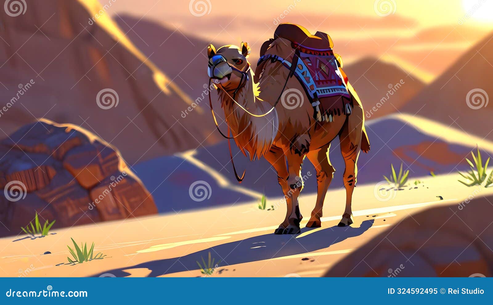 Cute 3D Render of a Cartoon Camel in the Desert Stock Illustration ...