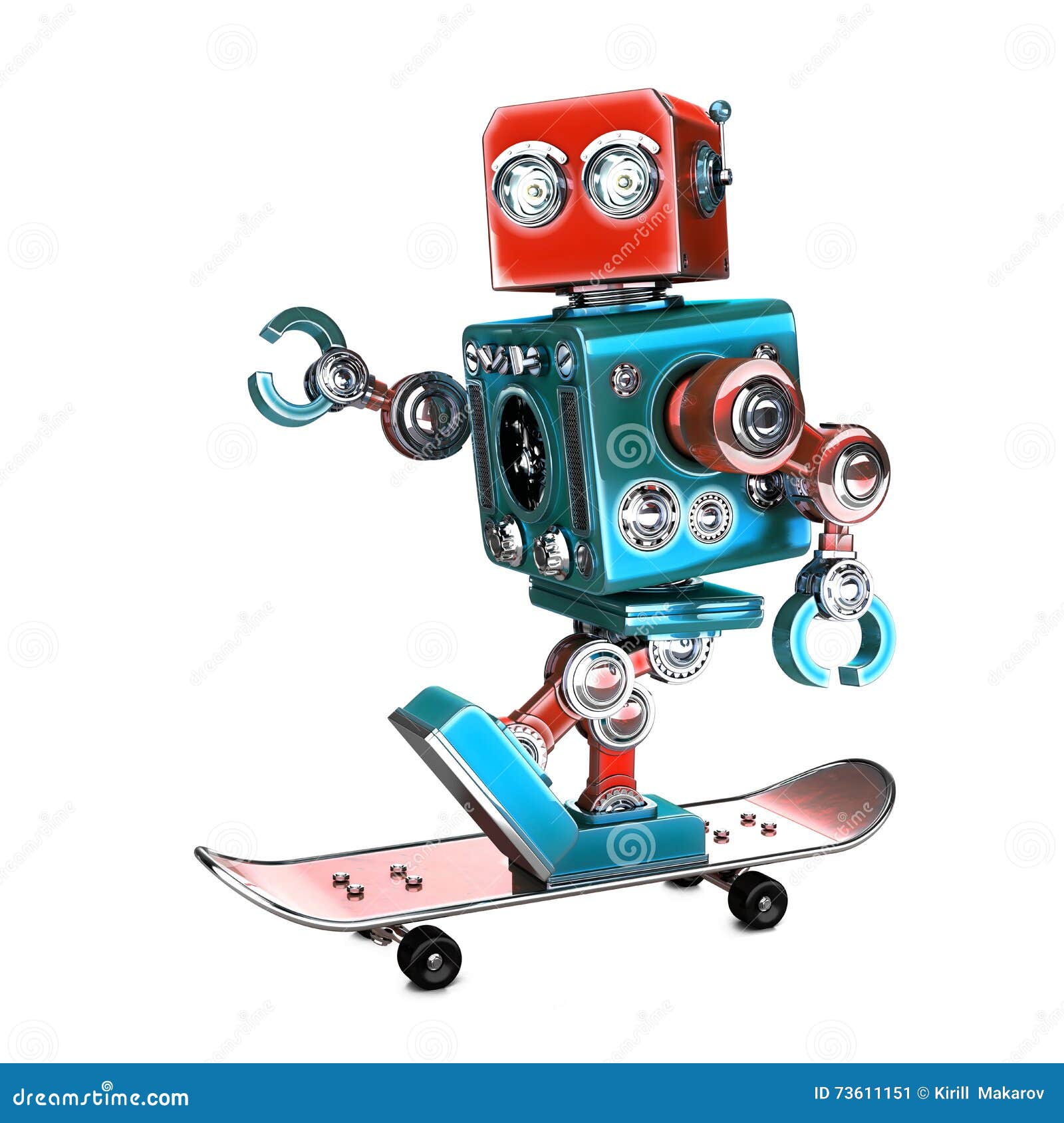 Cute 3D Retro Robot Riding a Skateboard. 3D Illustration. Stock ...