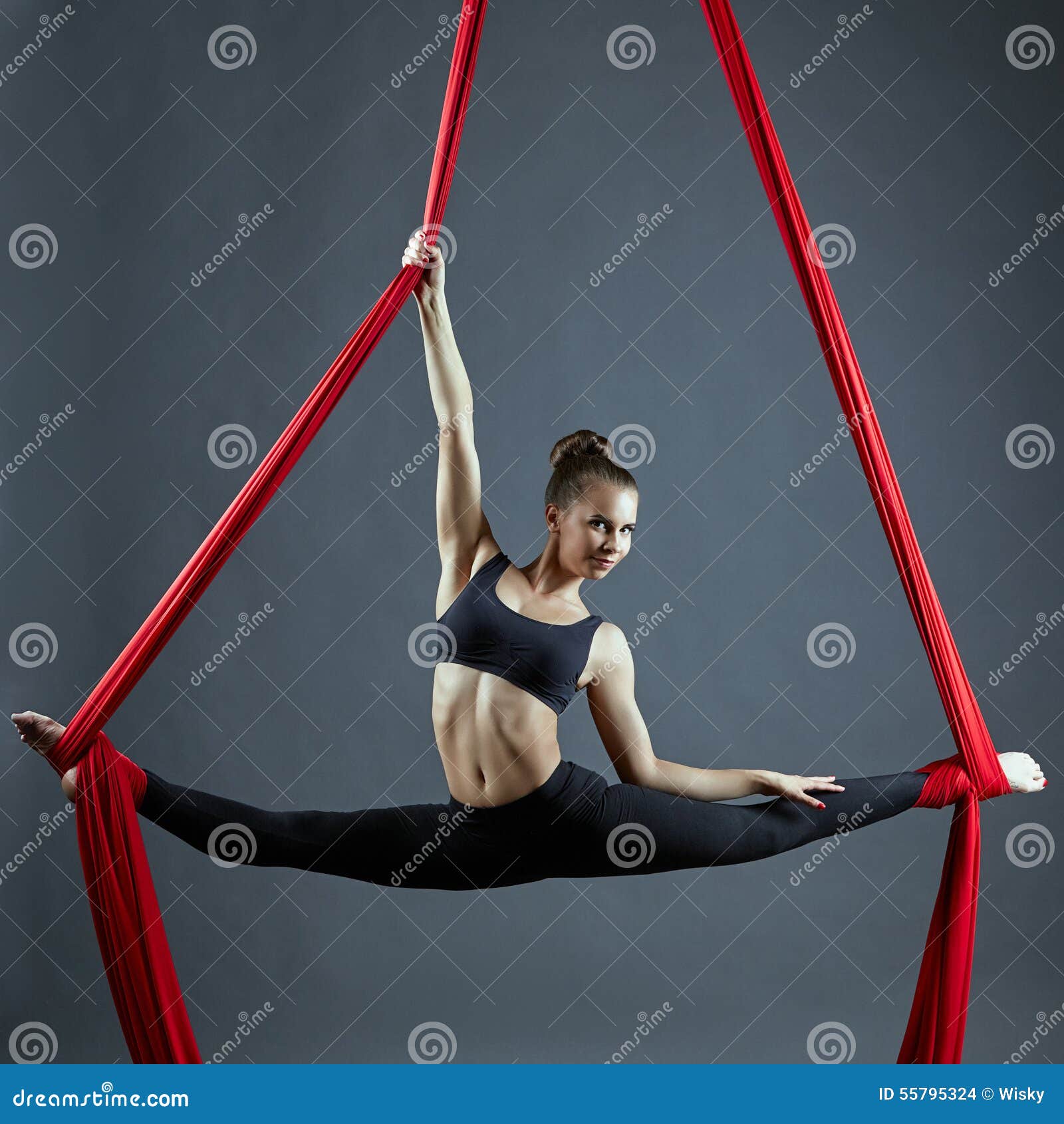 Cute Dancer Doing Gymnastic Split on Aerial Silks Stock Photo - Image ...