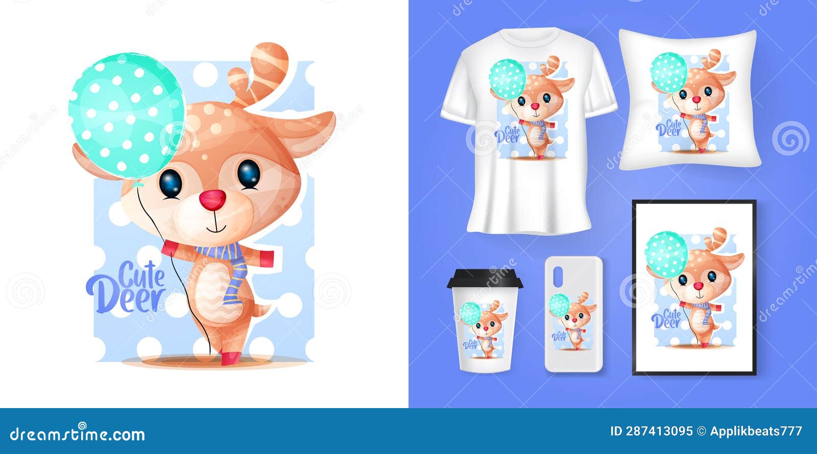 Cute Deer with Balloons Cartoon and Merchandising Stock Vector ...