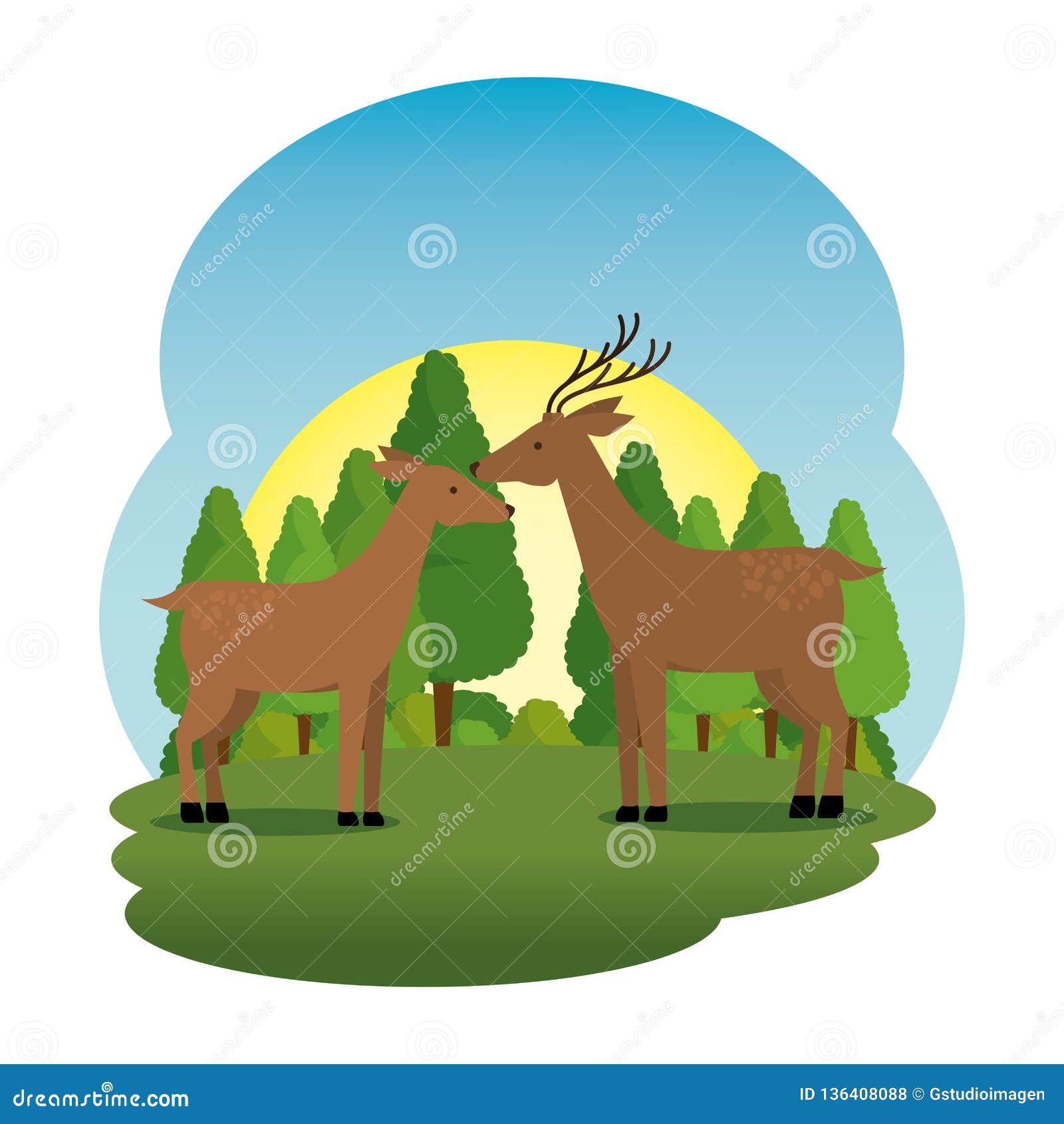Cute Deer Couple in the Field Scene Stock Vector - Illustration of ...