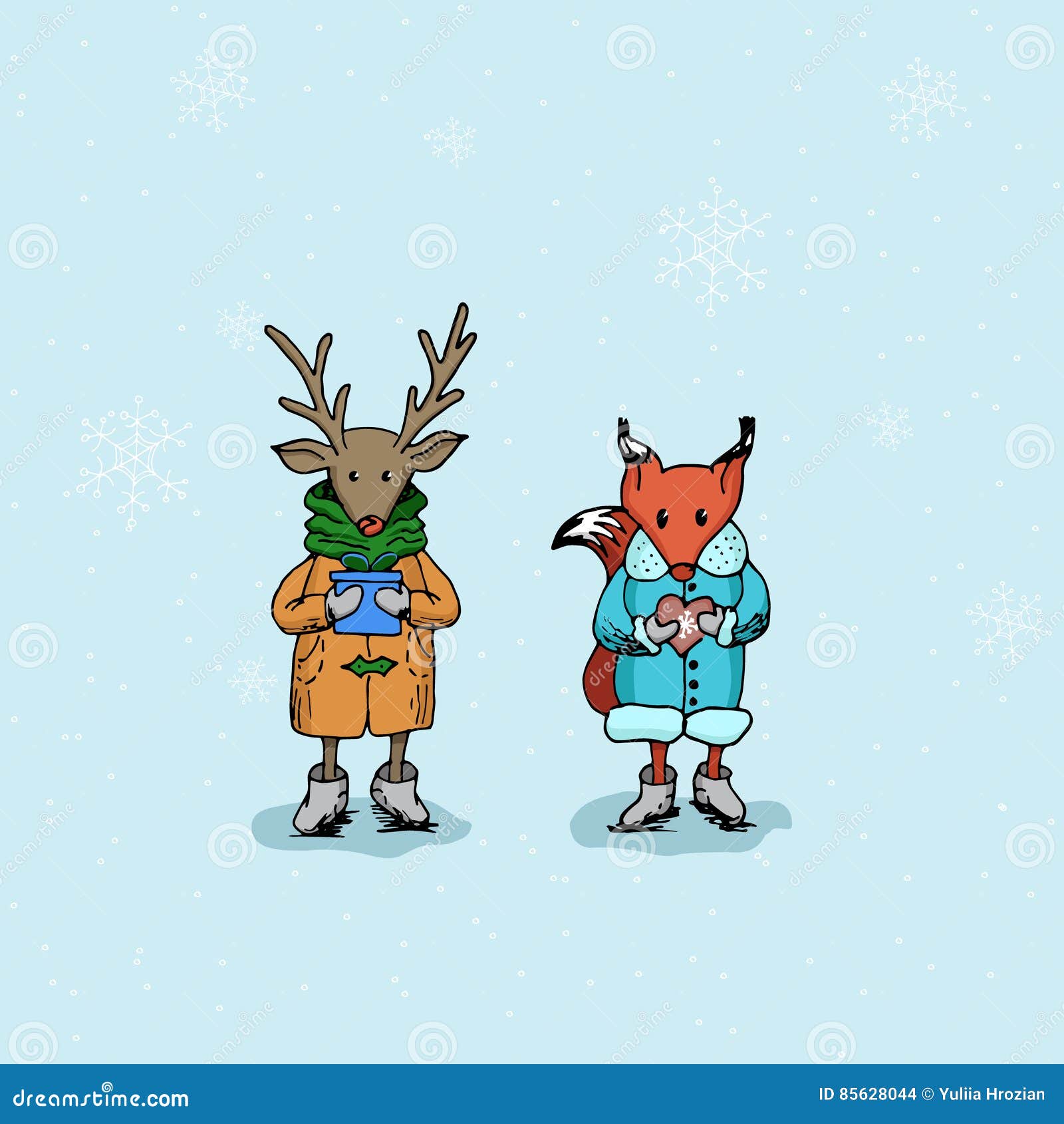 Cute Deer and Fox Characters with Chistmas Gifts in Paws on Snow Stock ...