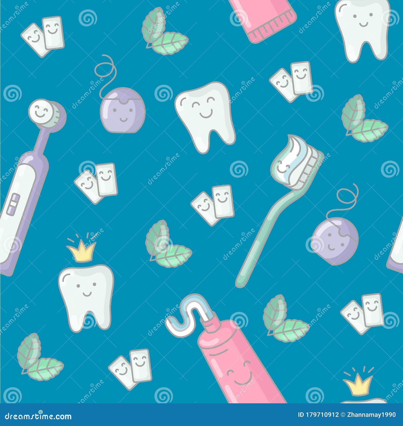 Cute Dental Pattern with Kawaii Characters. Stock Vector - Illustration ...