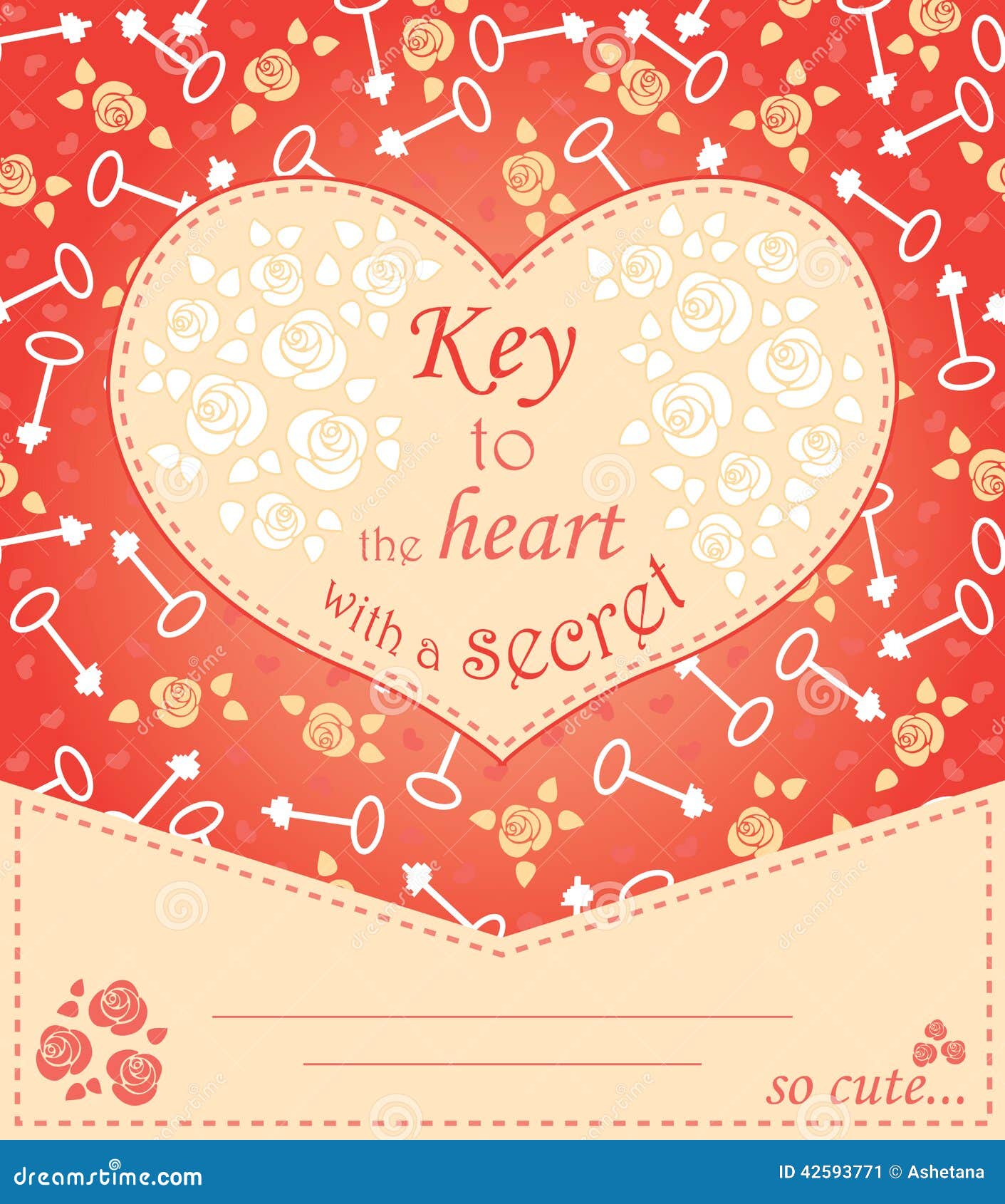 Cute Design for Greeting Card with Heart and Roses and Keys. Stock ...