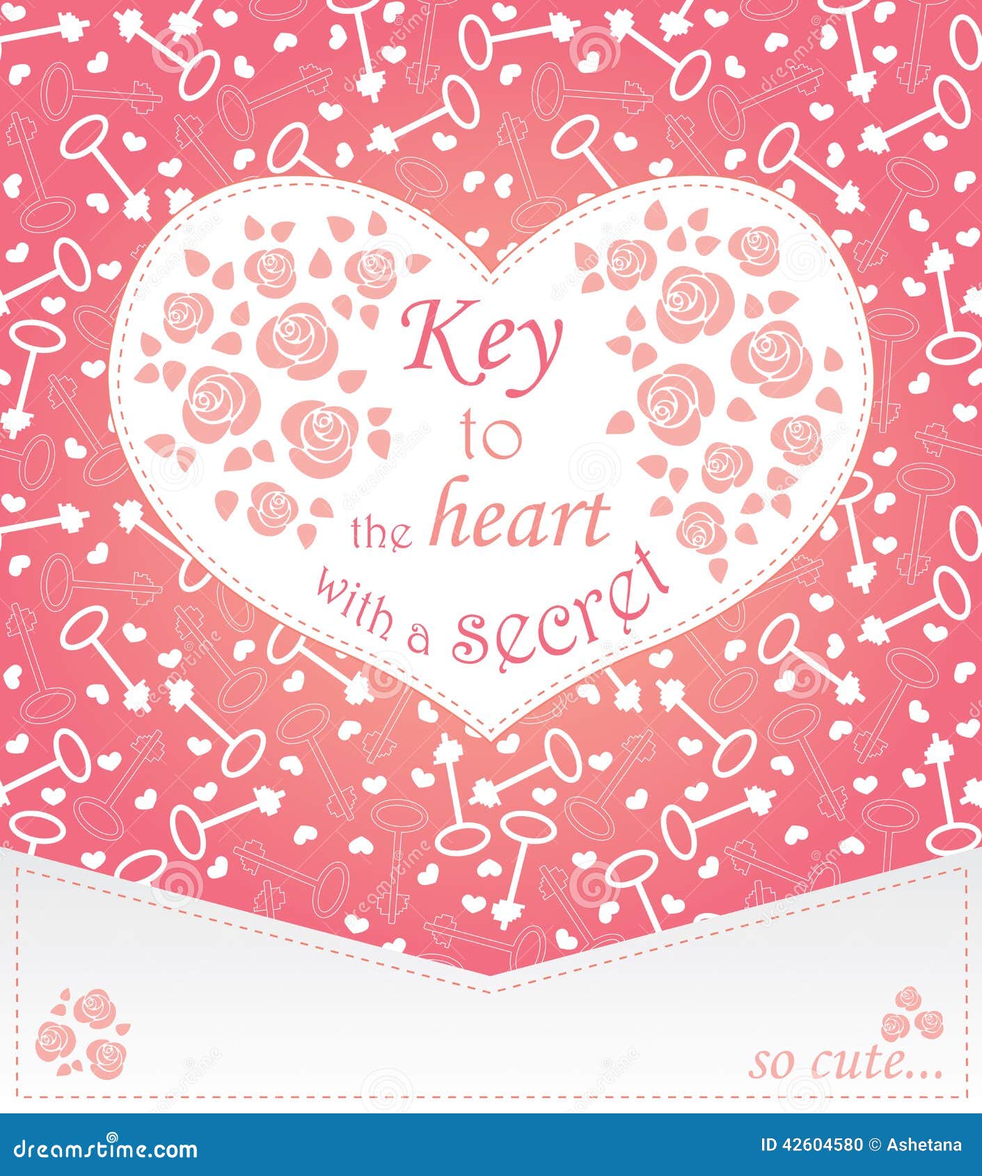 Cute Design for Greeting Card with Heart and Roses and Keys. Stock ...