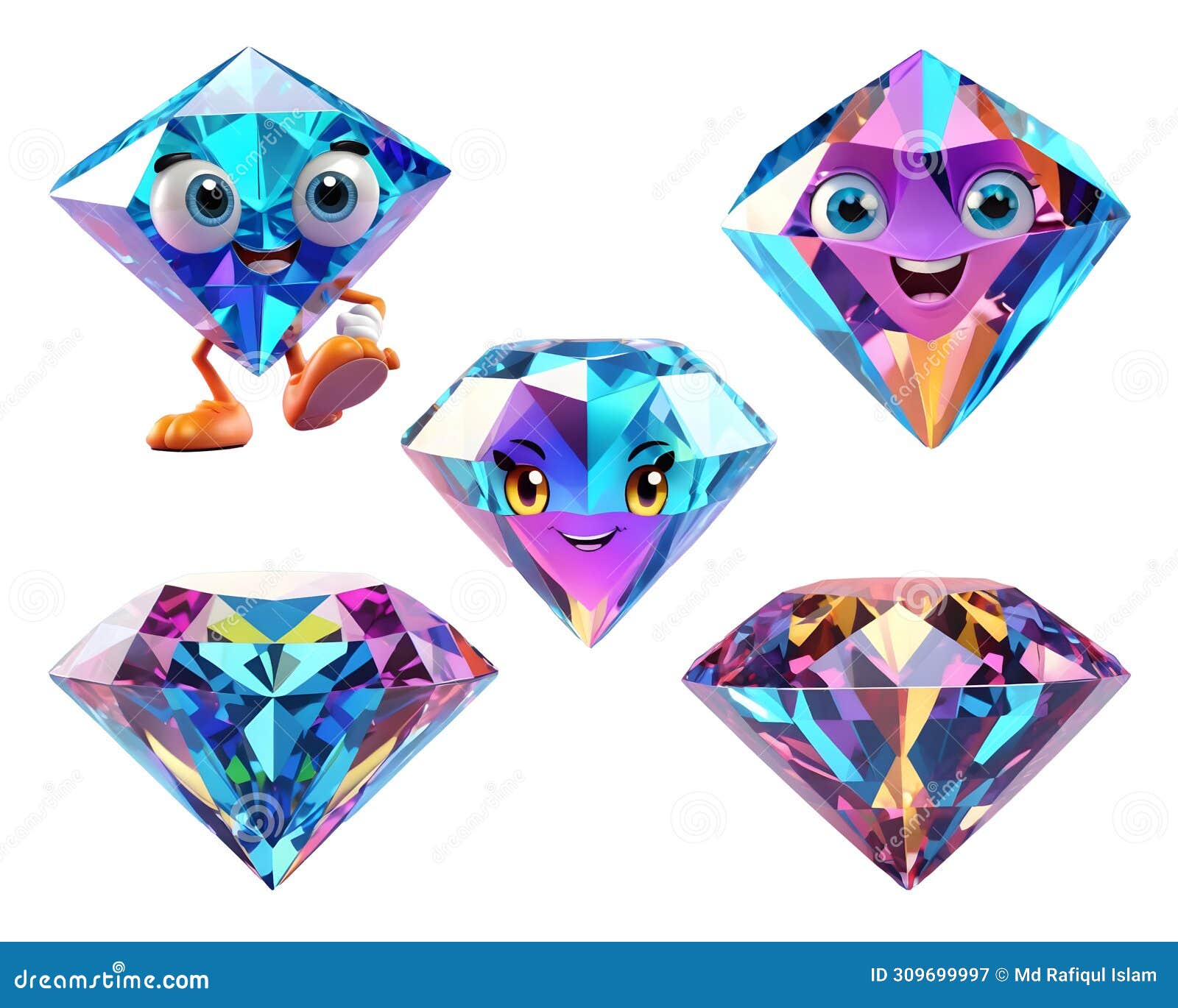 Cute Diamond Character Set with Eyes and Mouth. 3D Rendering Stock ...