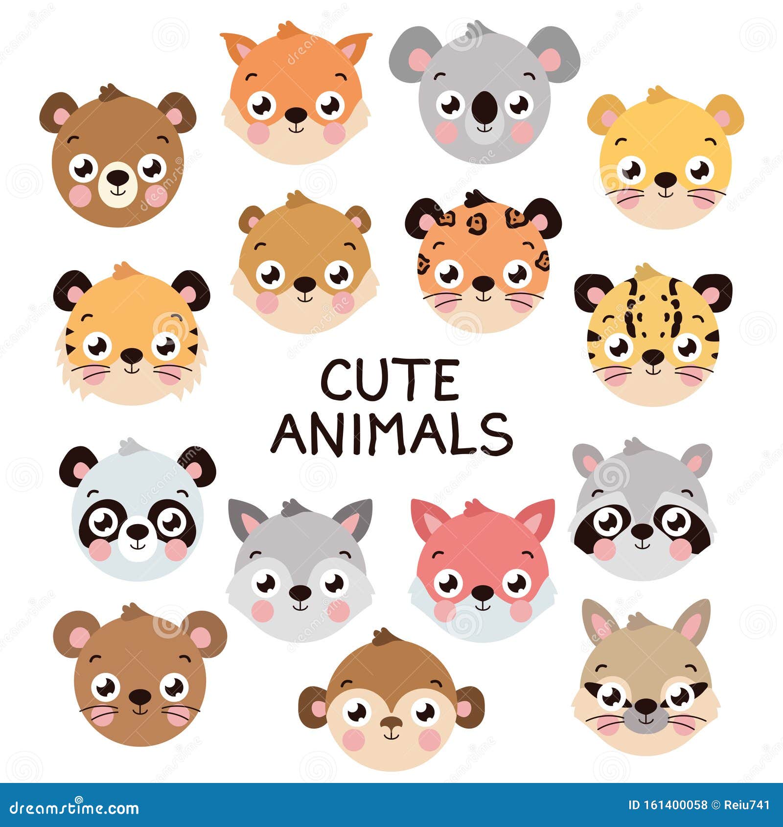 Cute Different Animal Head Set Stock Vector - Illustration of jungle ...