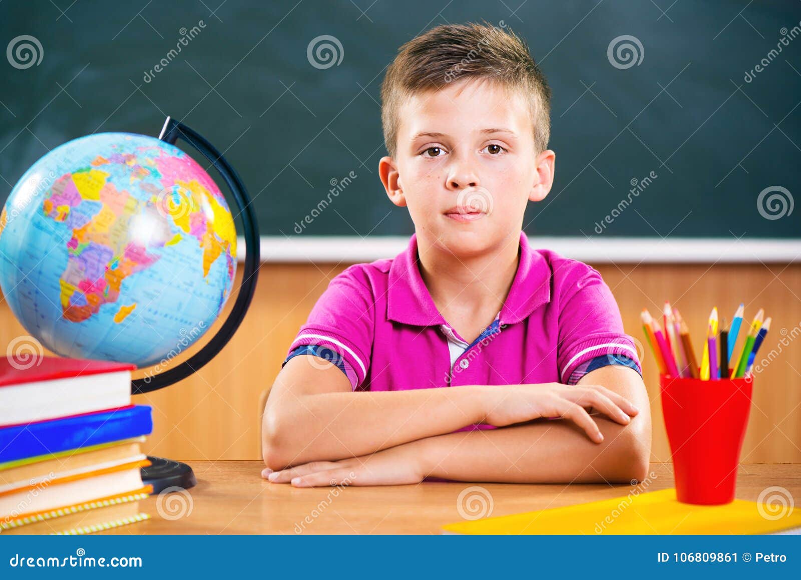 Cute Diligent Boy Sitting in Classroom Stock Image - Image of classroom ...