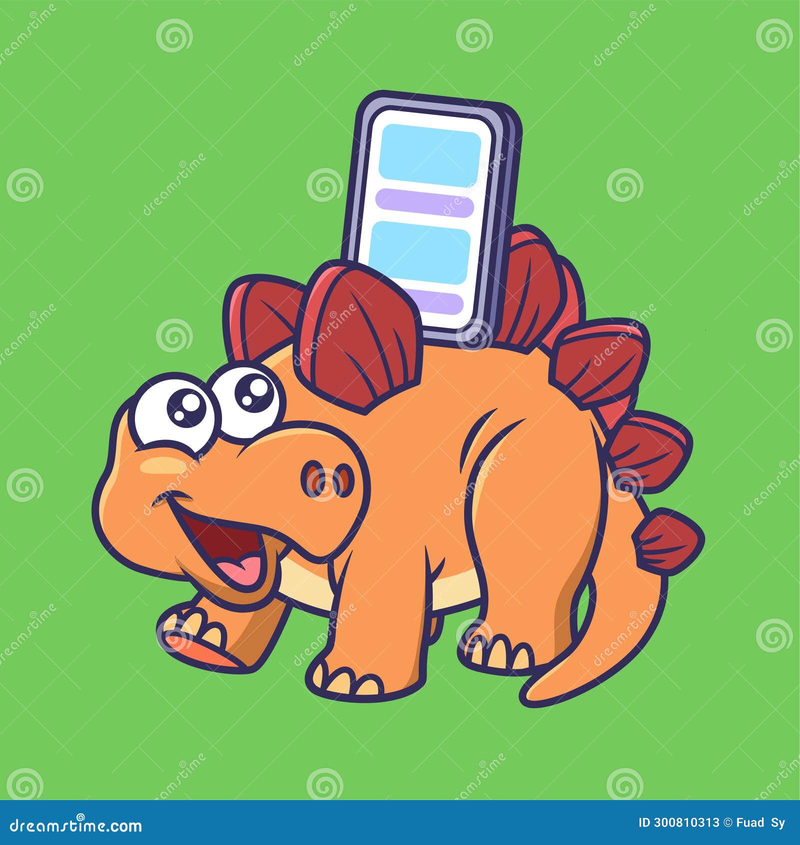 Cute Dino Stegosaurus Watching Social Media On The Phone Cartoon