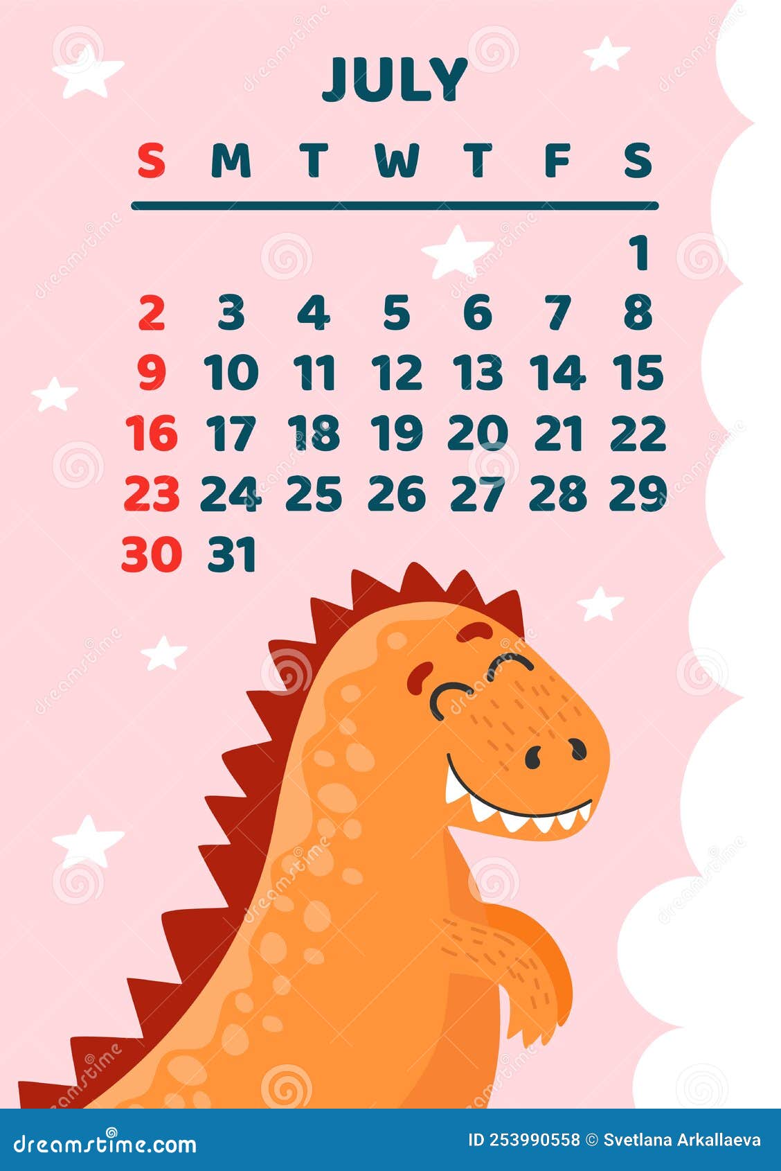 Cute Dinosaur Calendar Vector Template for Children Series. July Stock ...