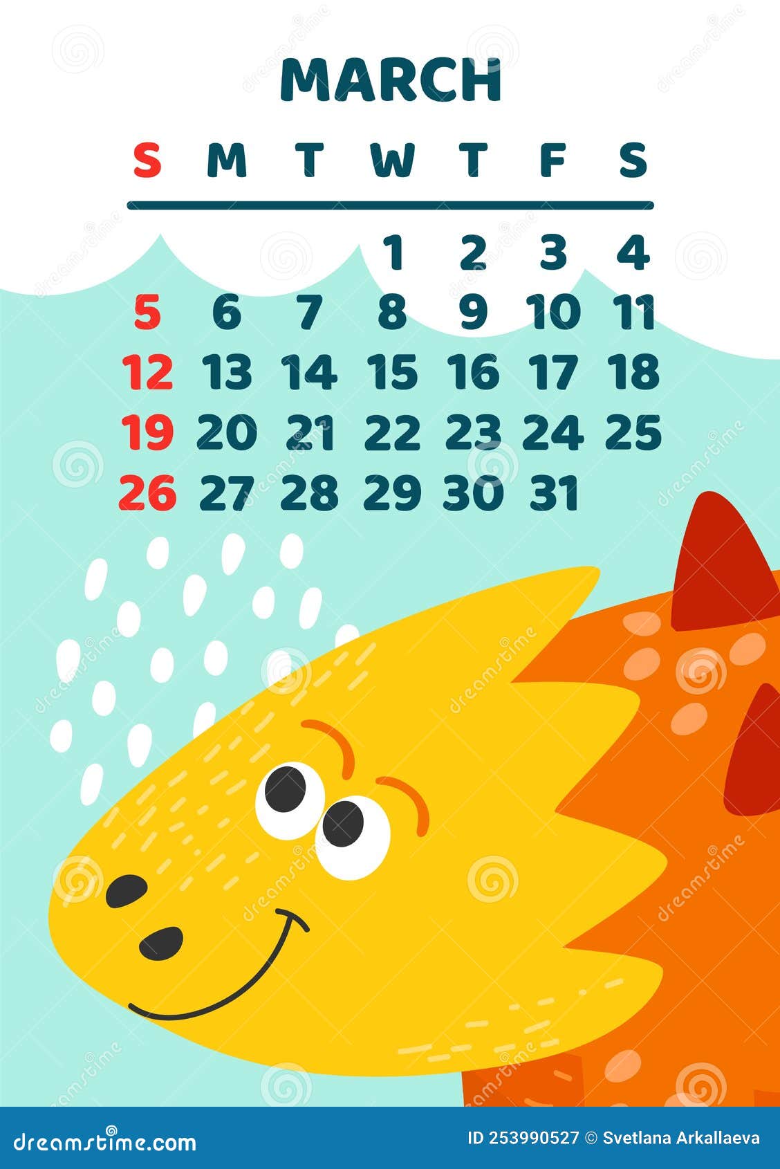 Cute Dinosaur Calendar Vector Template for Children Series. March Stock ...