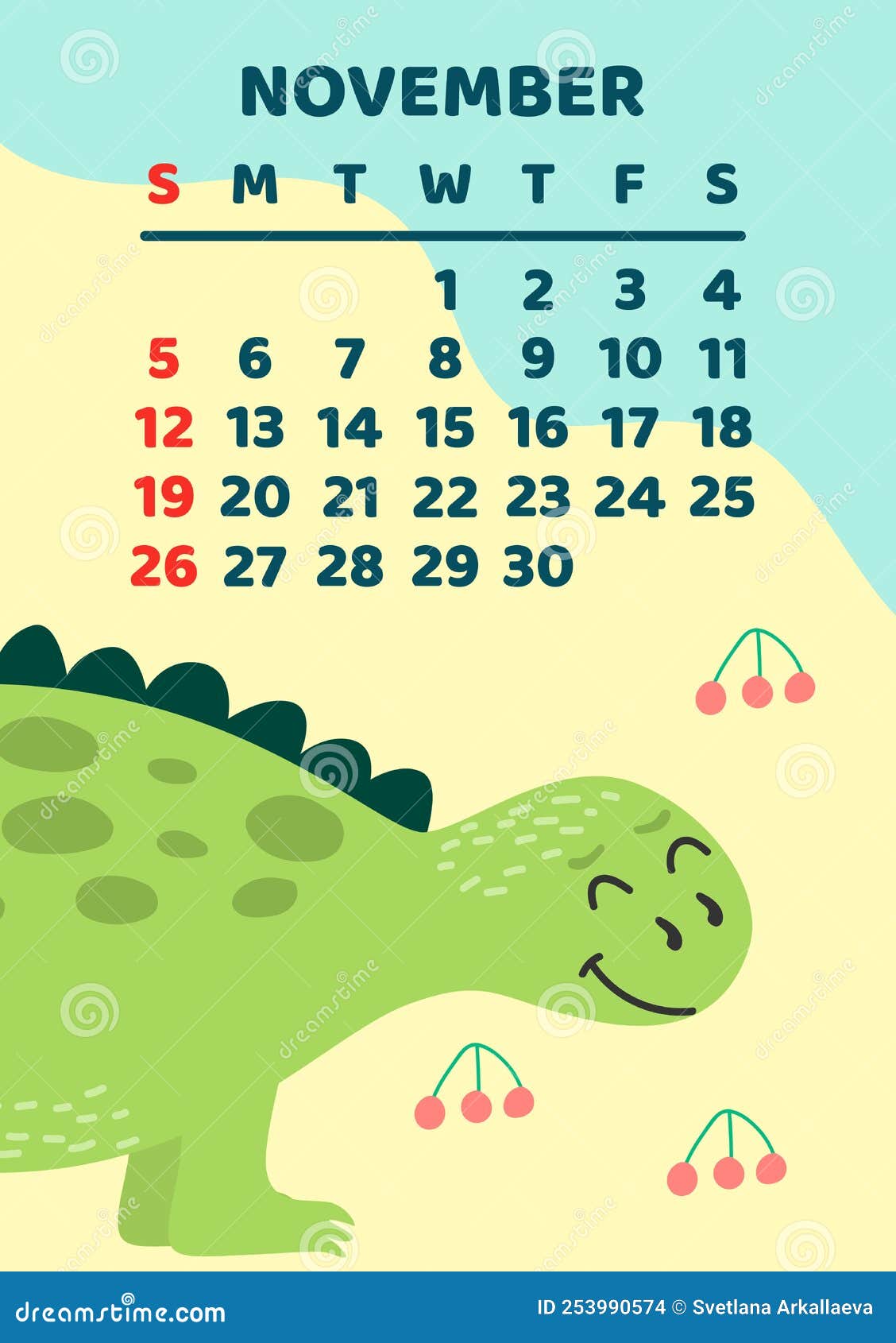 Cute Dinosaur Calendar Vector Template for Children Series. November ...