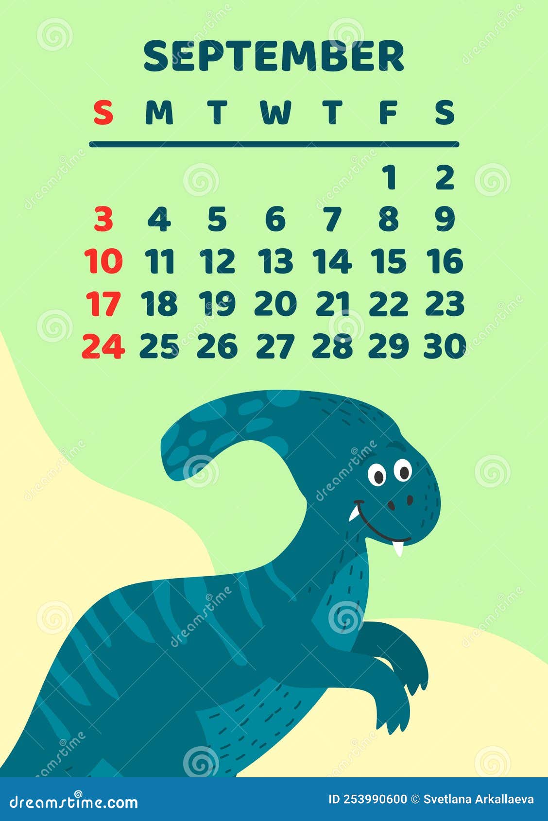 Cute Dinosaur Calendar Vector Template for Children Series. Septemper ...