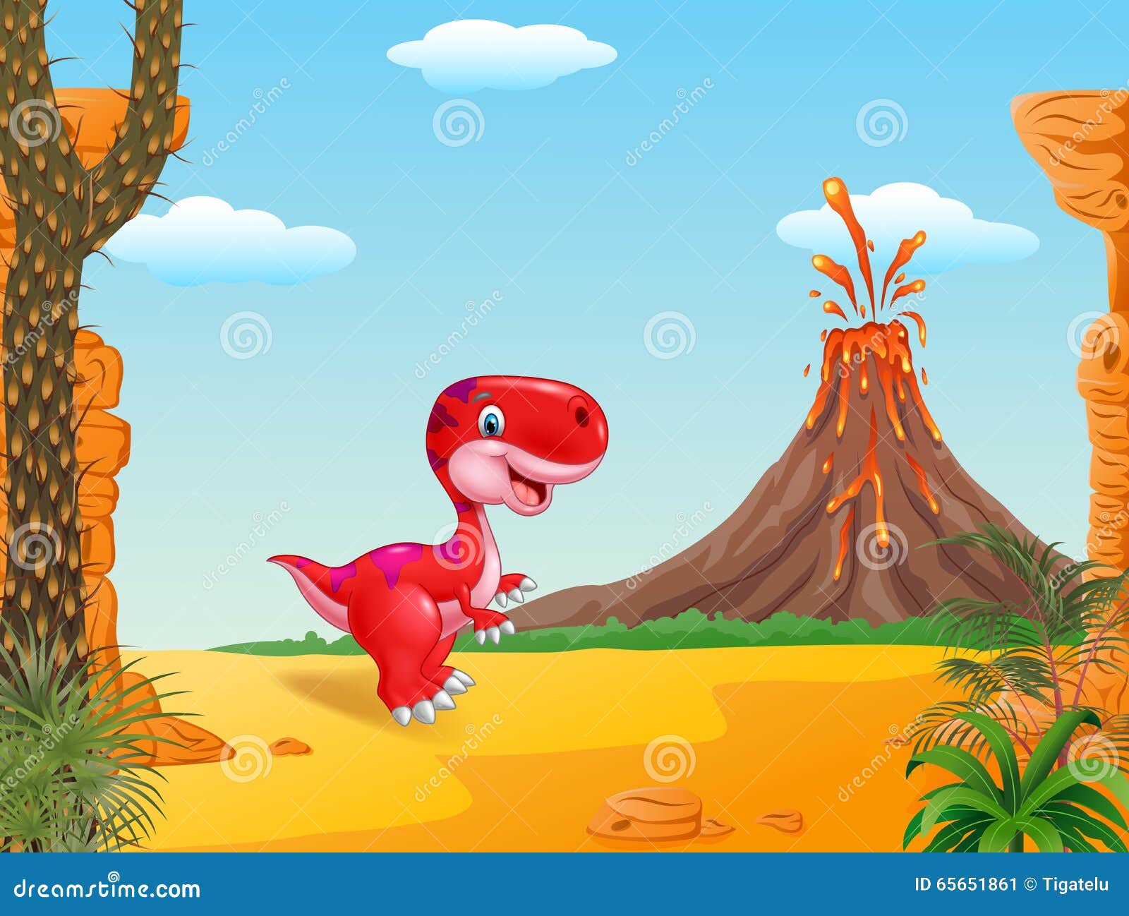 Cute Dinosaur Mascot with Volcano Background Stock Vector ...