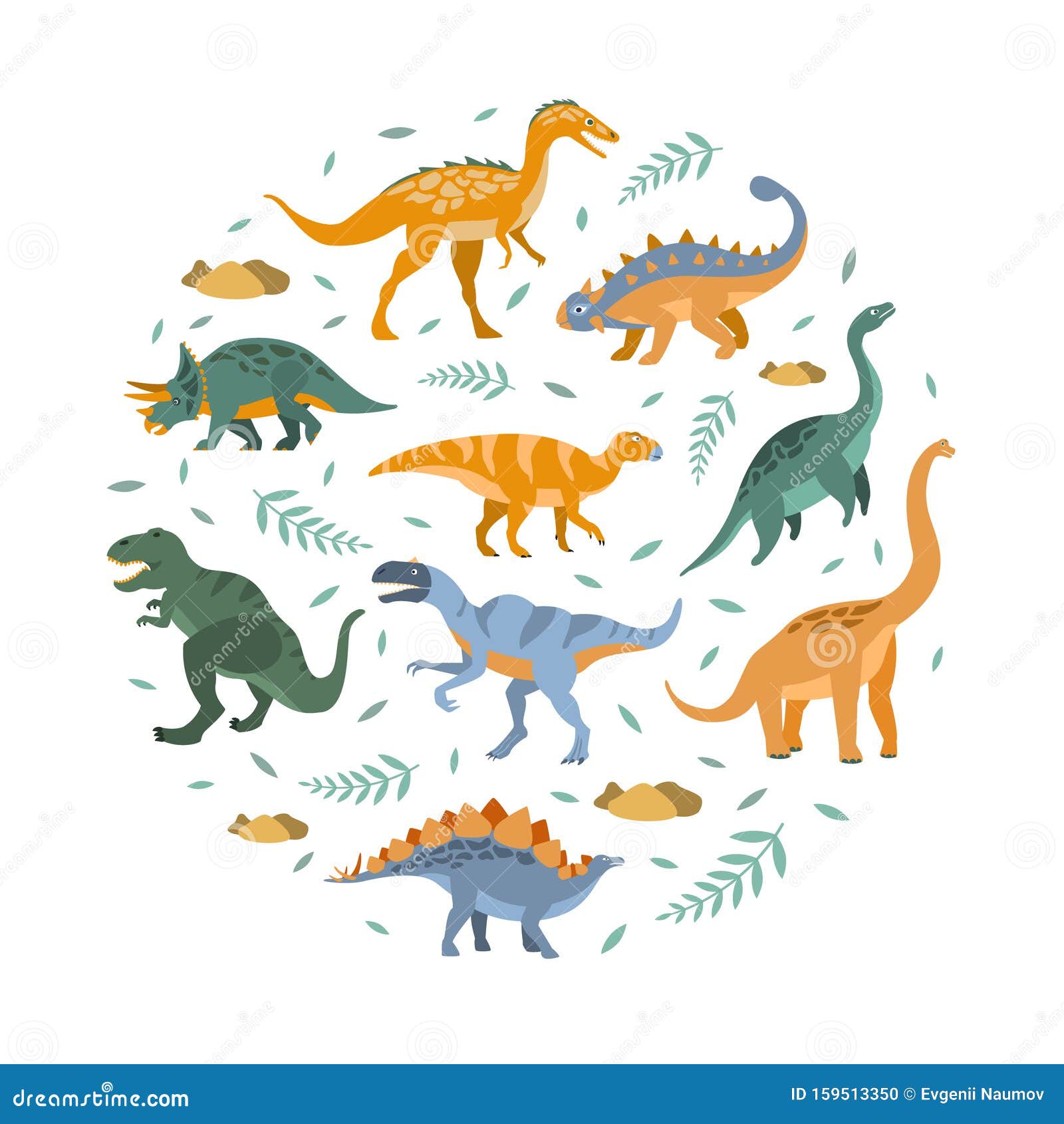 Cute Dinosaurs Pattern of Round Shape, Prehistoric Animals Design ...