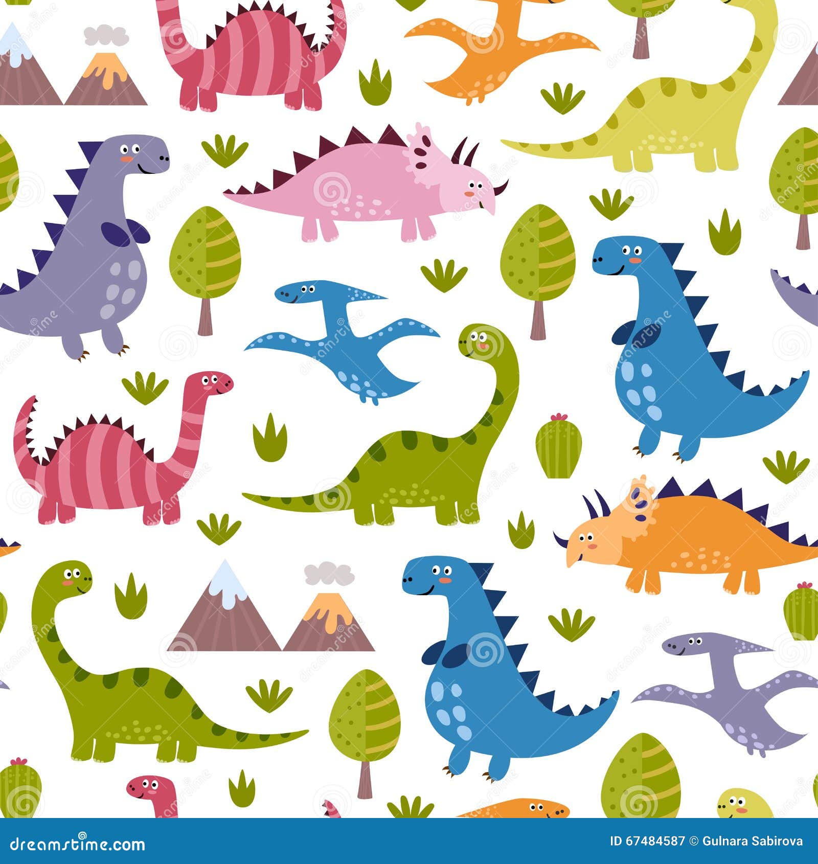 Cute Dinosaurs Seamless Pattern Stock Vector - Illustration of lovely ...