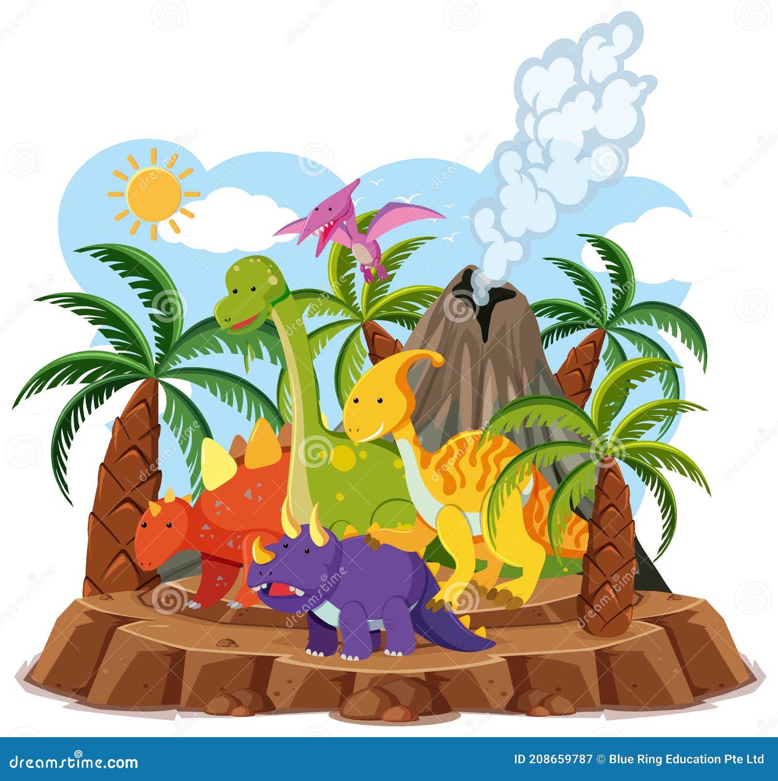 Cute Dinosaurs with Volcano Erupting Isolated on White Background Stock ...