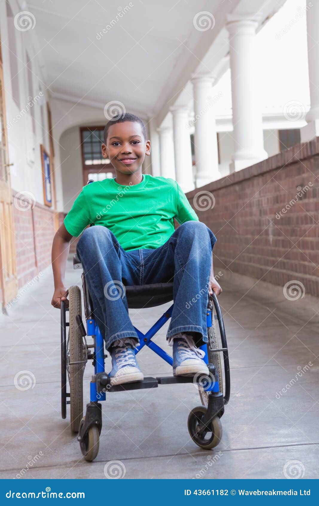 Cute Disabled Pupil Smiling at Camera in Hall Stock Photo - Image of ...