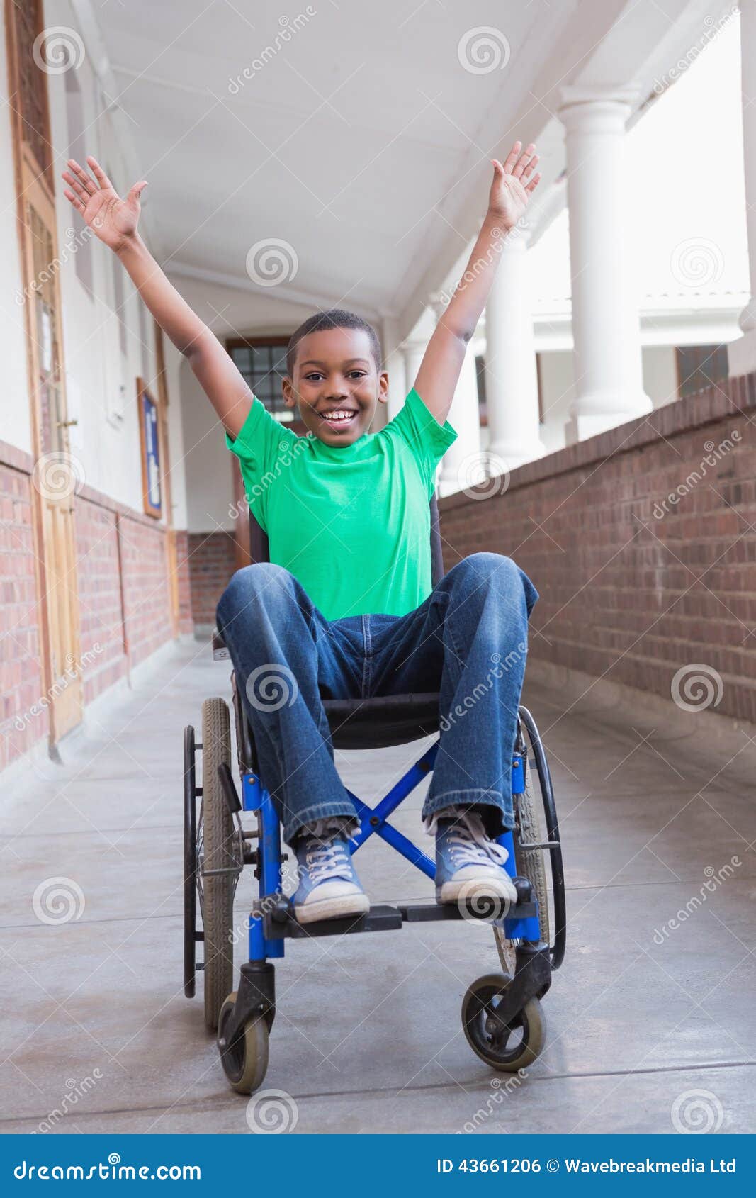 Cute Disabled Pupil Smiling at Camera in Hall Stock Photo - Image of ...